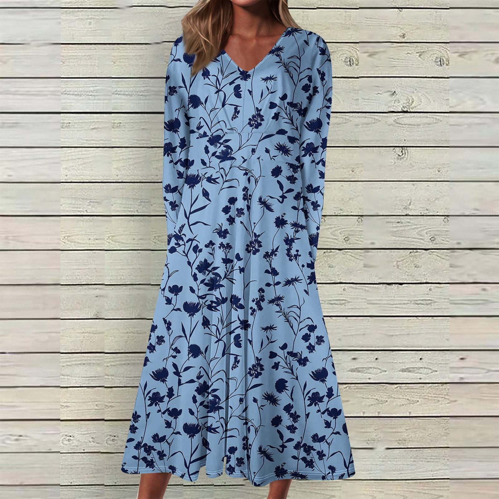 Efngkp Women Fashion Long Sleeve Spring V-Neck Floral Printing Casual ...