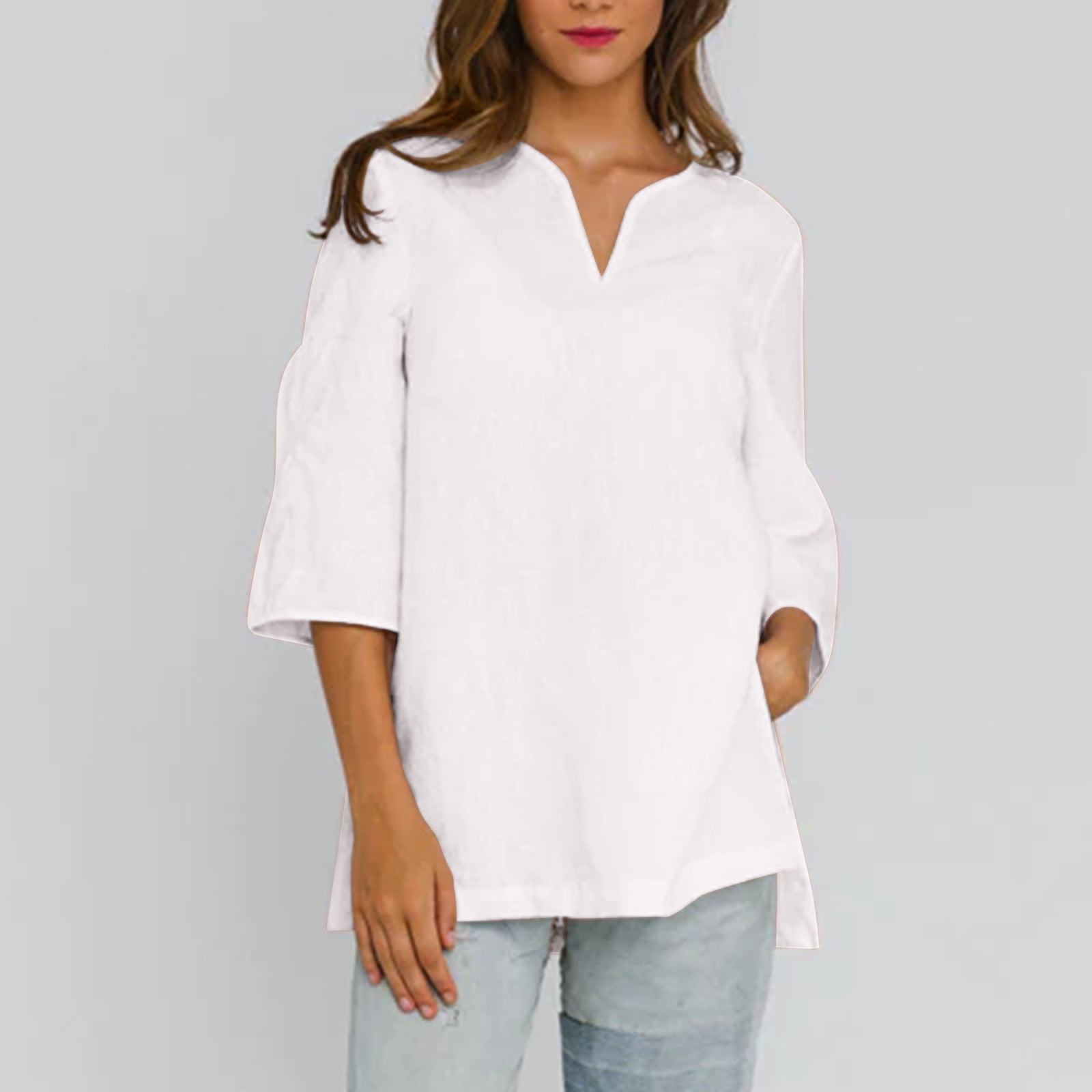 Efngkp Women’s Casual Solid Color V-neck Blouse with Side Slit, Cotton ...
