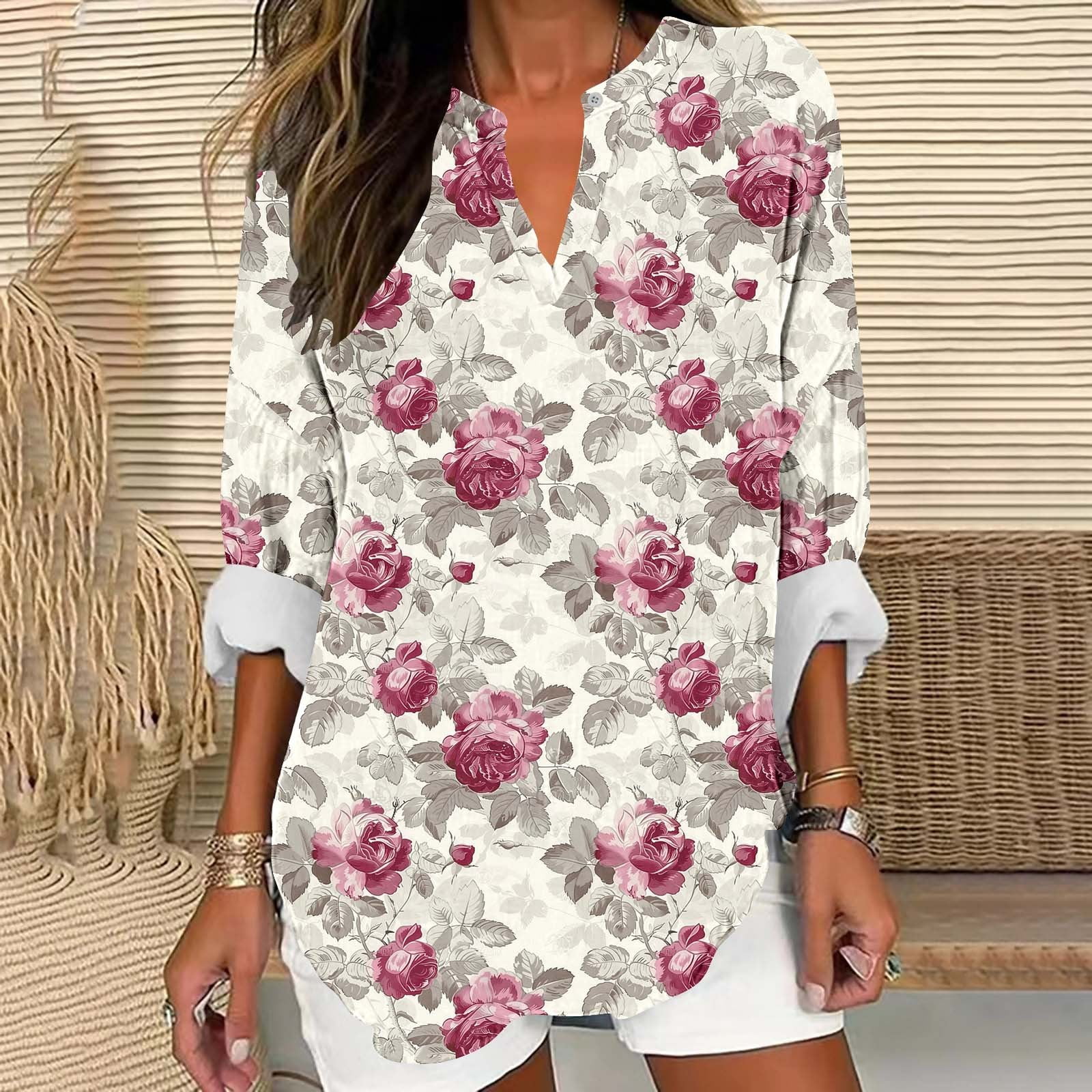 Efngkp Women's Long Sleeve V-Neck Button Casual Printed Loose Top ...