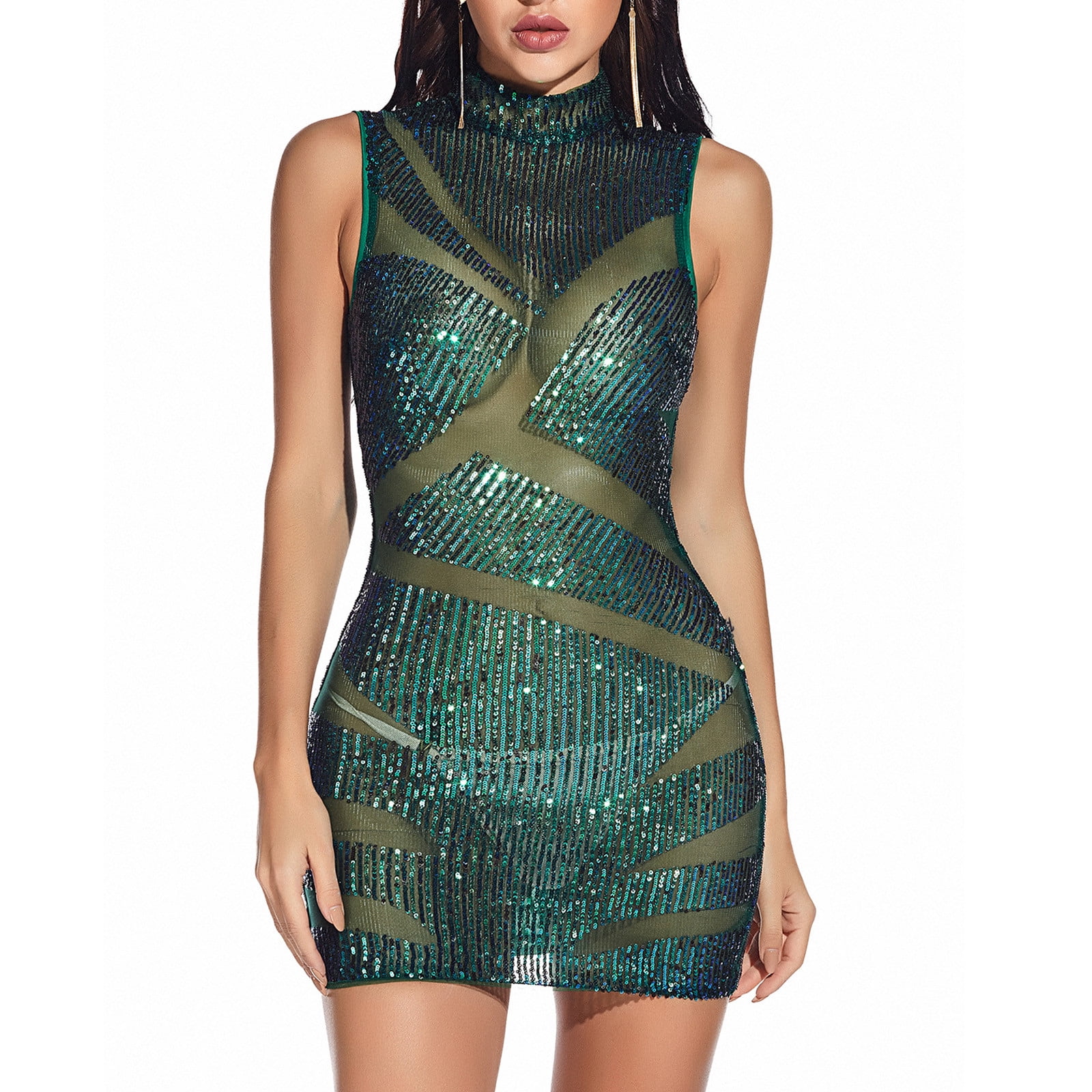 Efngkp Women's Mesh Sheer Bodycon Mini Dress Square Neck Long Sleeve ...