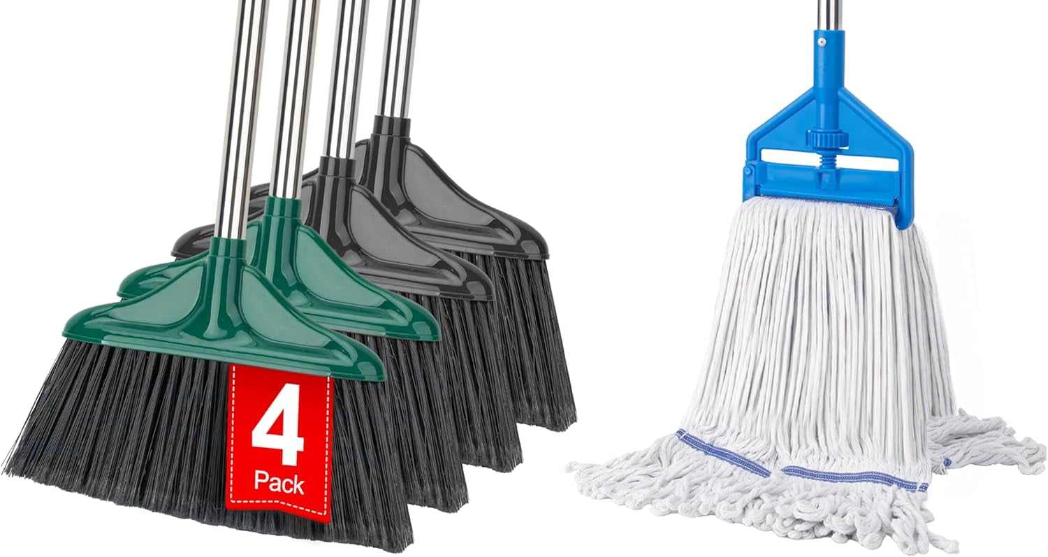 Efoee 4 Pcs Broom and Commercial Mop for Indoor Outdoor Courtyard ...