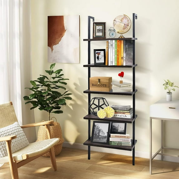 Efoee 5 Tier Wall Mounted Ladder Shelf, Ladder Bookshelf with Metal ...
