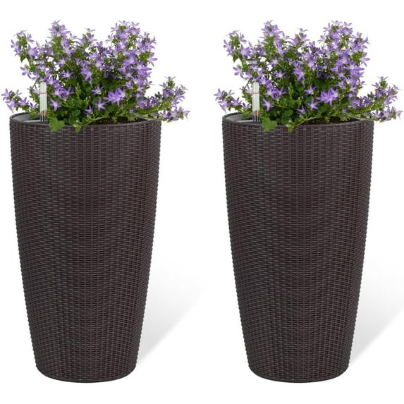 Efoee Set of 2 Faux Rattan Tall Planters Outdoor Indoor Large Planters ...