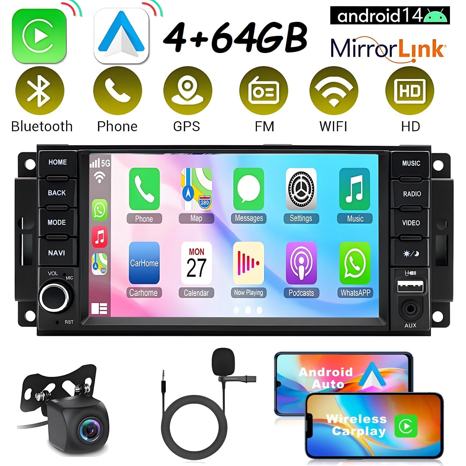 Eforcase 4+64G Car Radio for Chrysler for Dodge for Jeep, Car Stereo ...