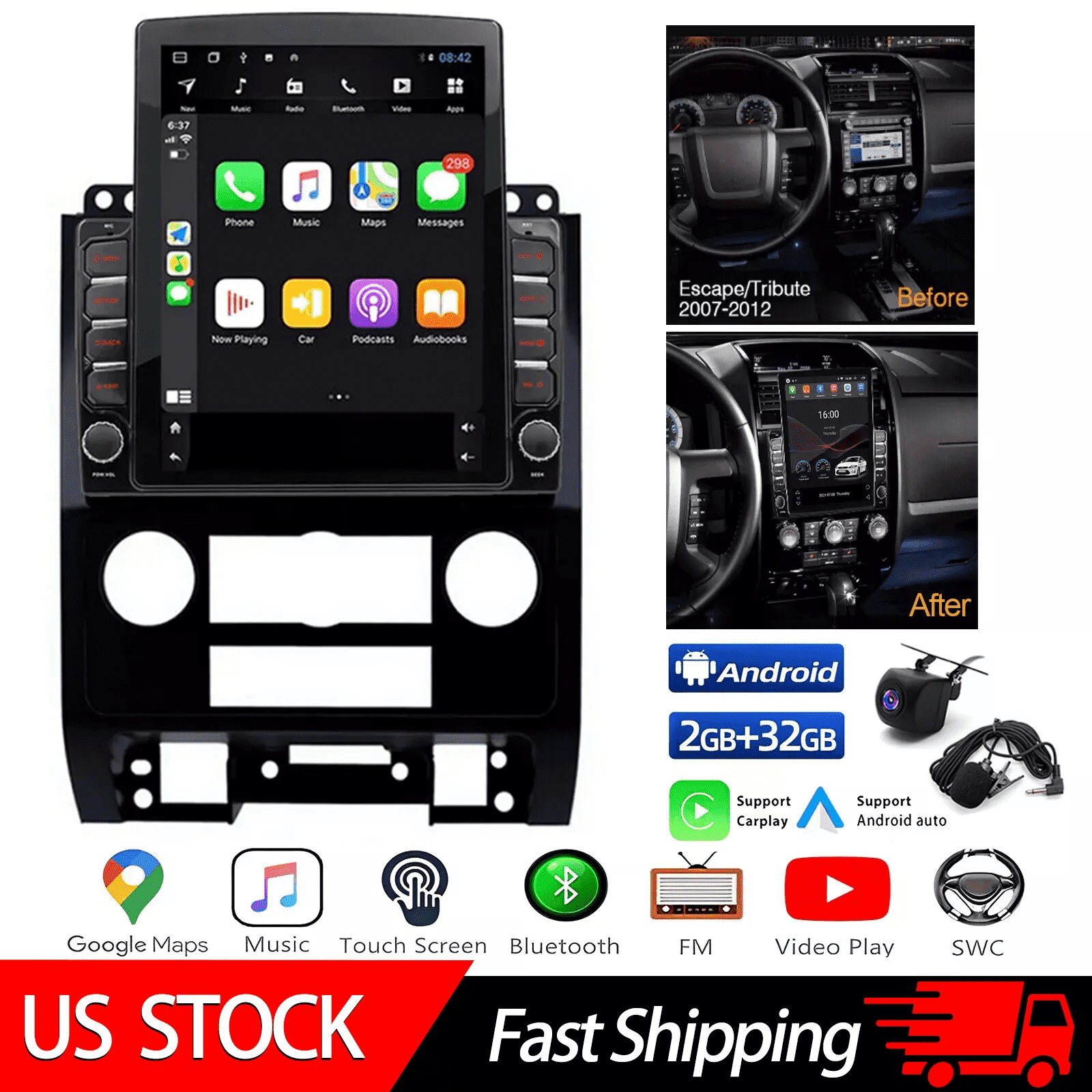 Eforcase Android 13 Car Radio for Ford Escape 2007-2012,7" Touch Screen ...