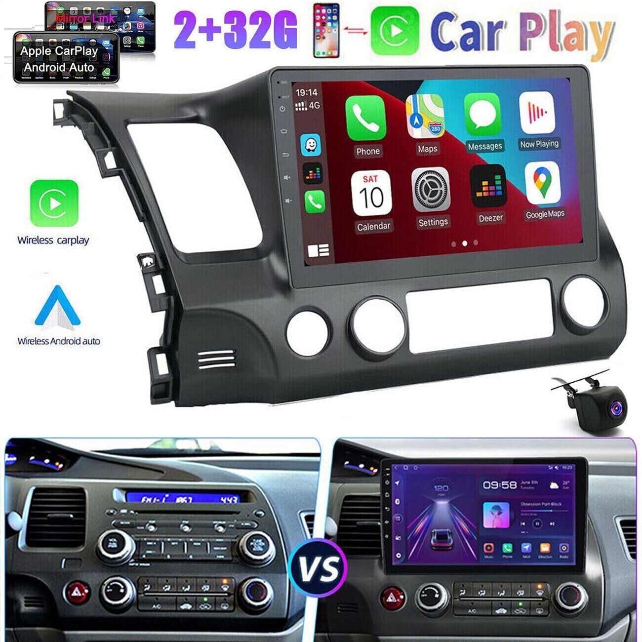 Eforcase Car Stereo Radio for Honda Civic 2006-2011 with Wireless Apple Carplay and Android Auto ...