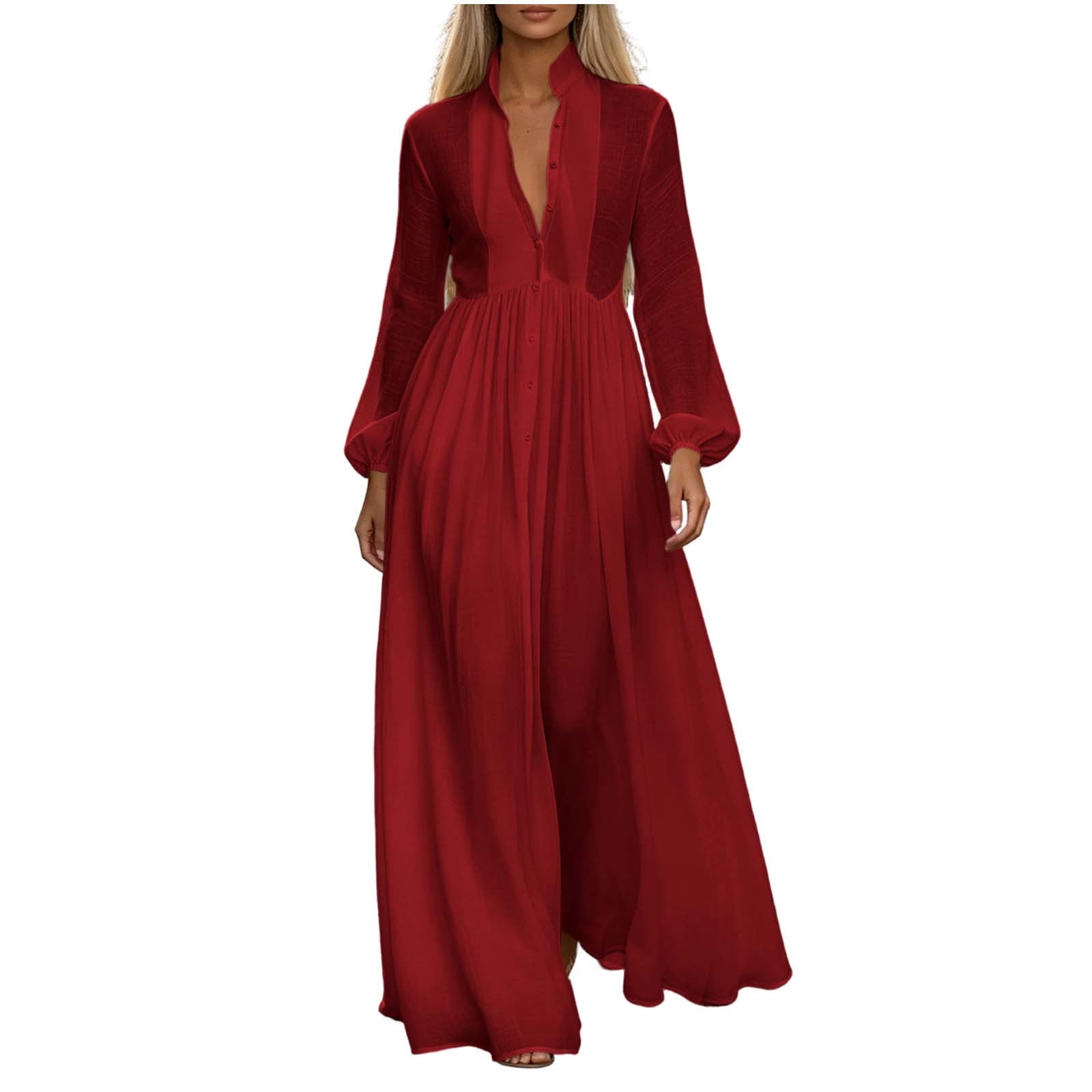 Efsteb Dresses for Women Button V-Neck Long Sleeve Pleated Flowy Dress ...