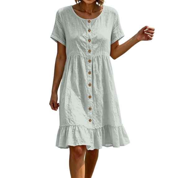 Efsteb Dresses for Women Round Neck Short Sleeve Button Front Casual ...