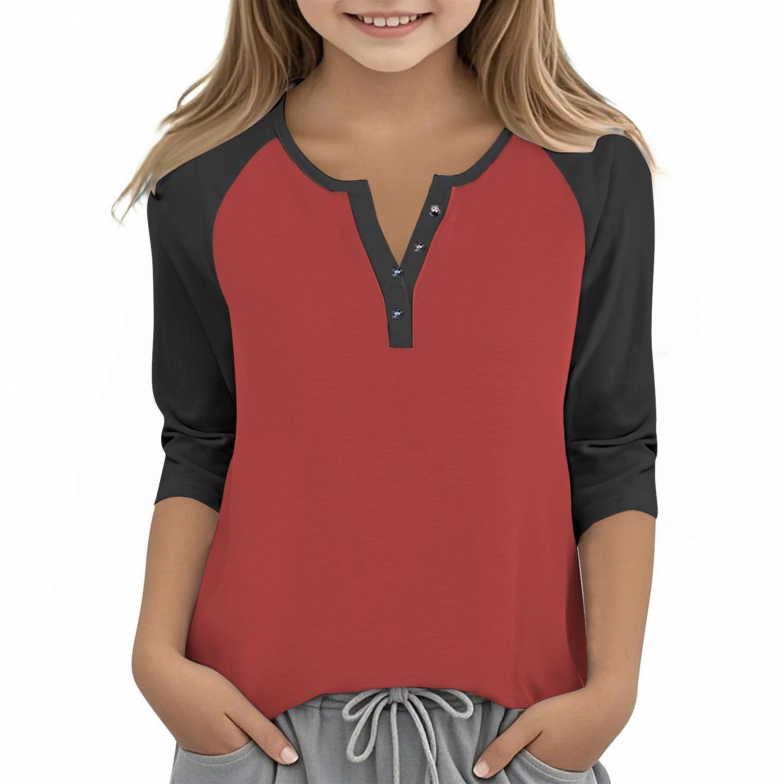 Efsteb Girl Shirts 3/4 Sleeve Color Block Print Fit Casual V-Neck Comfy ...