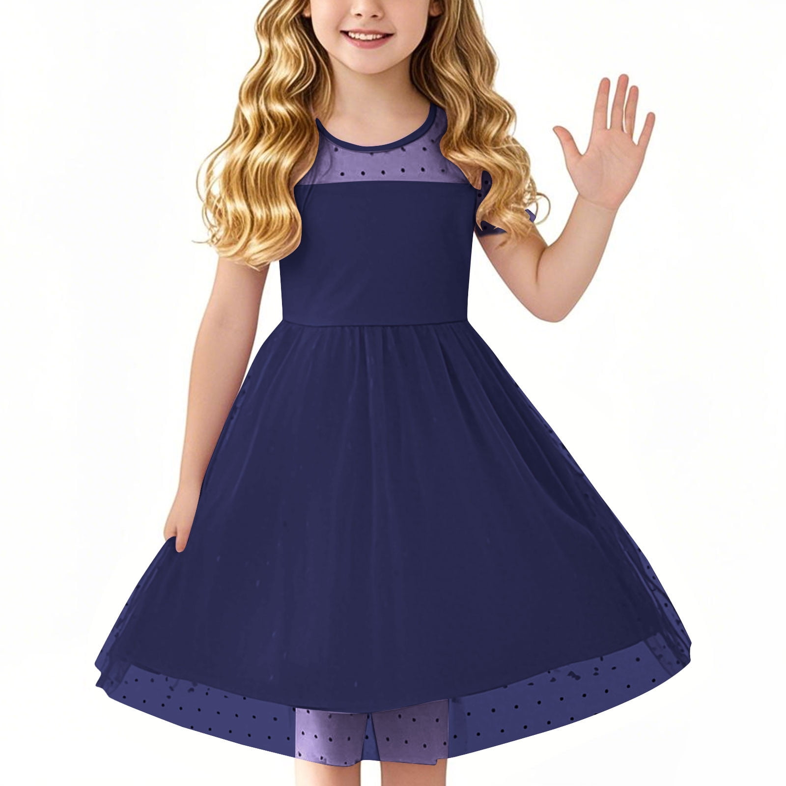 Efsteb Girls Dresses Contrast Mesh Patchwork Short Sleeve A Line Dress ...