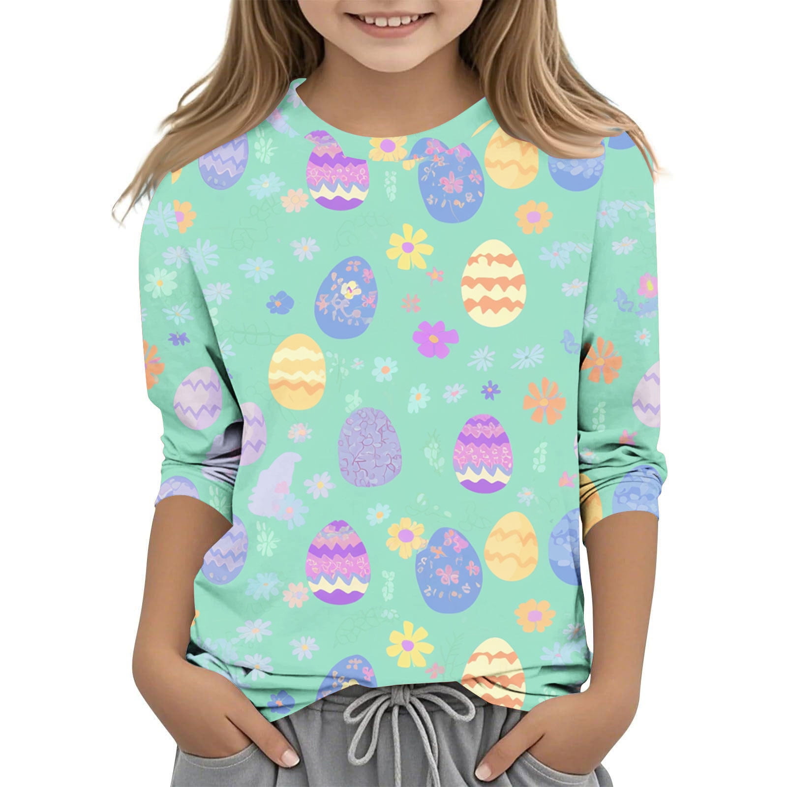 Efsteb Girls Easter Clothes Kids 3/4 Sleeve T Shirts Soft Comfy Casual Loose Easter Eggs Print ...