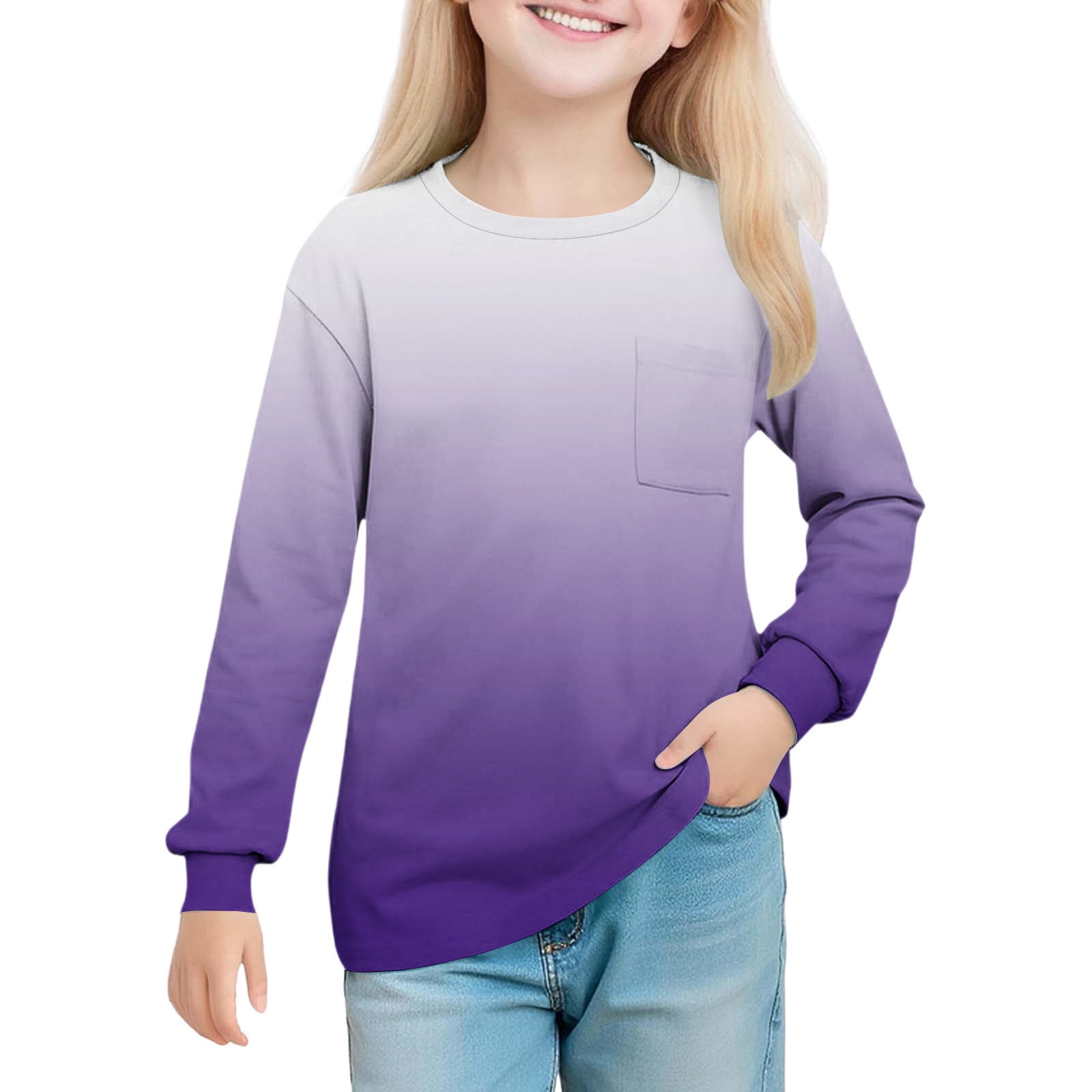 Efsteb Long Sleeve Shirts for Girls Long Sleeve Crew Neck Solid Color ...