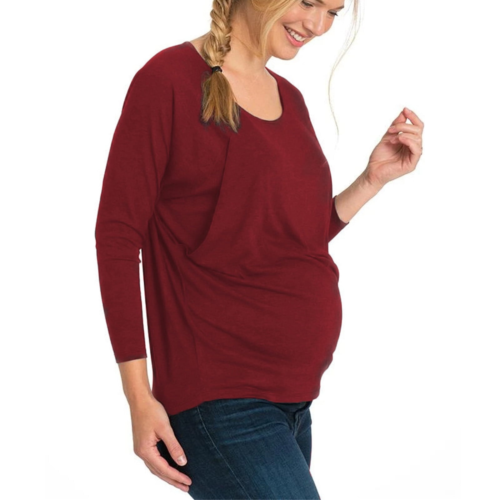 Efsteb Maternity Shirts For Women Nursing Tops Solid Color Round Neck ...