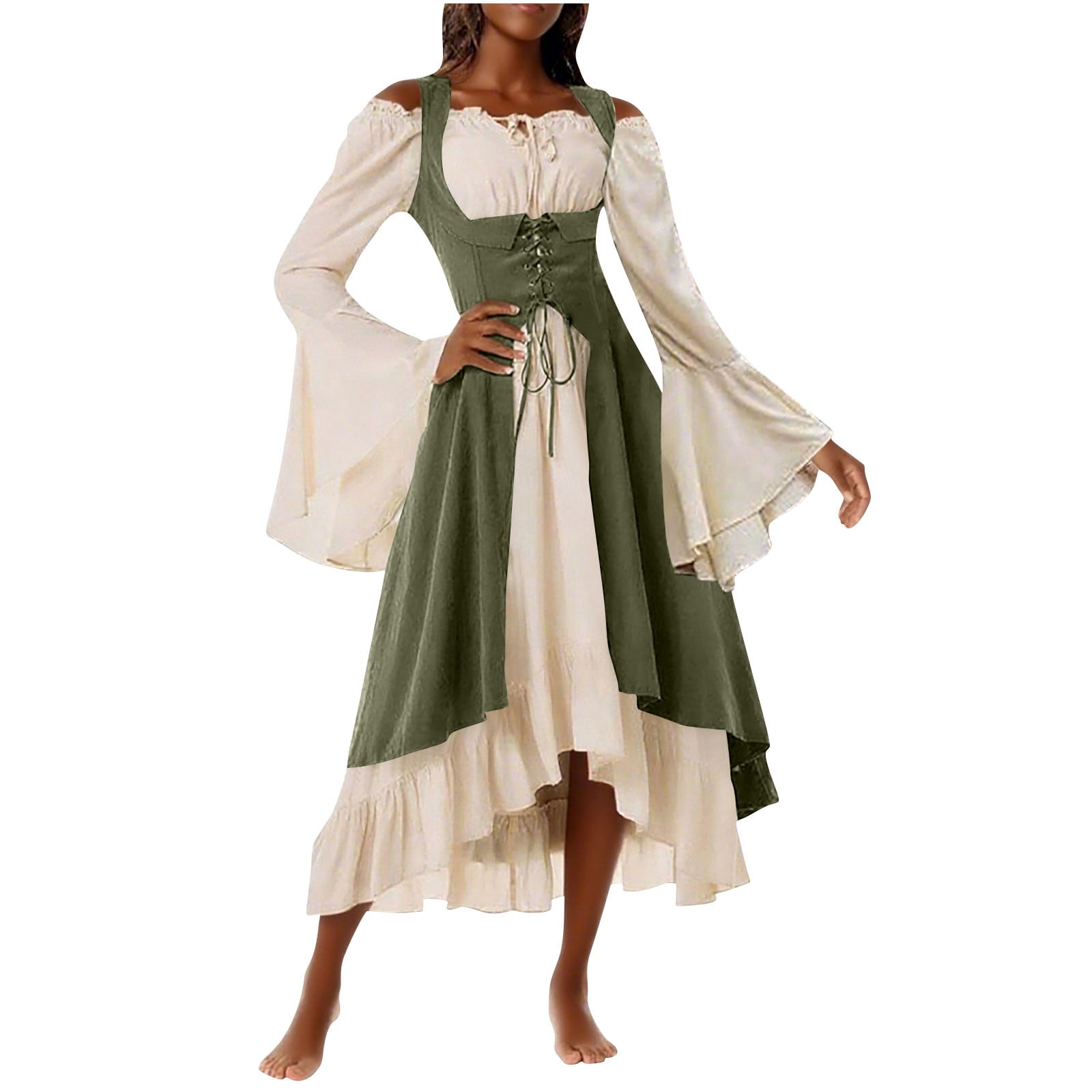 Efsteb Medieval Dress for Women Color Block Patchwork Renaissance Dress High Waist Irregular ...