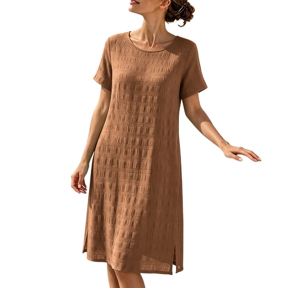 Efsteb Mini Dresses for Women Summer Solid Color Textured Crew Neck ...