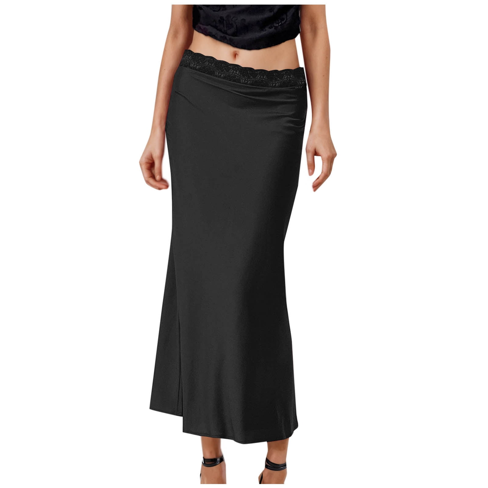 Efsteb Skirts for Women Lace Waist Stitching Satin Skirt Fashion Fall ...