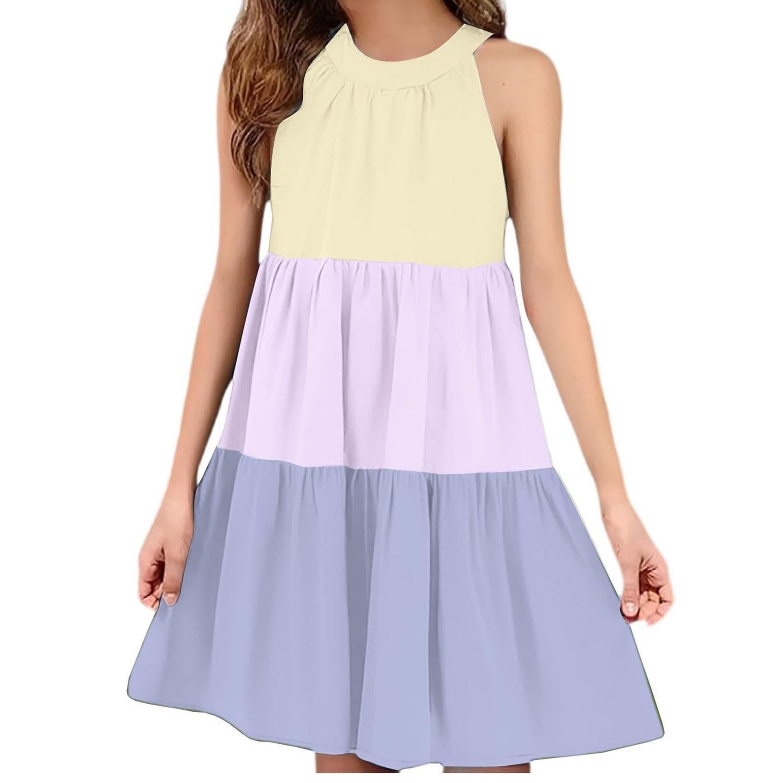 Efsteb Summer Dress for Girls Fashion Color Block Sleeveless Dress ...