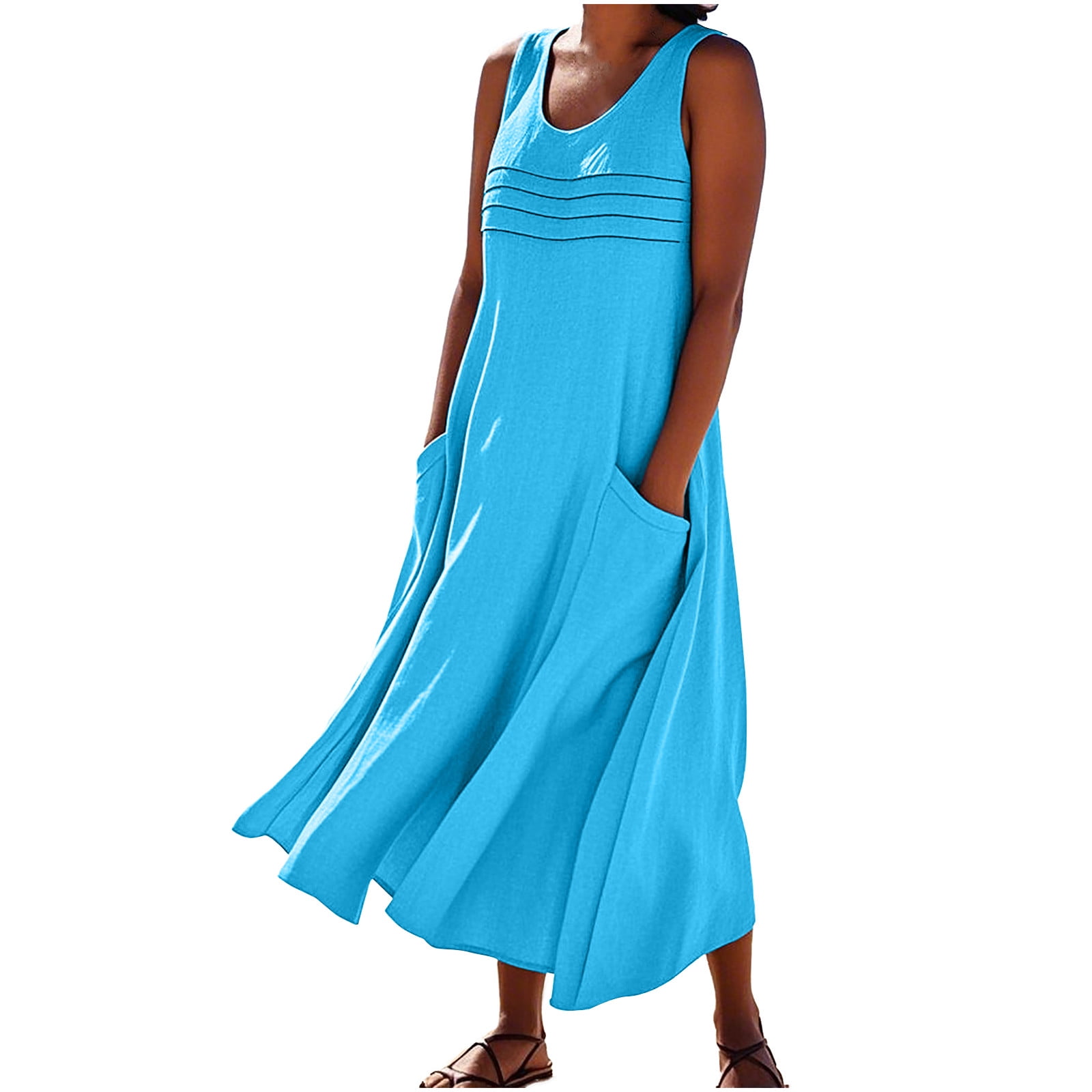 Efsteb Summer Dresses for Women 2025 Crew Neck Cotton Linen Long Dress ...