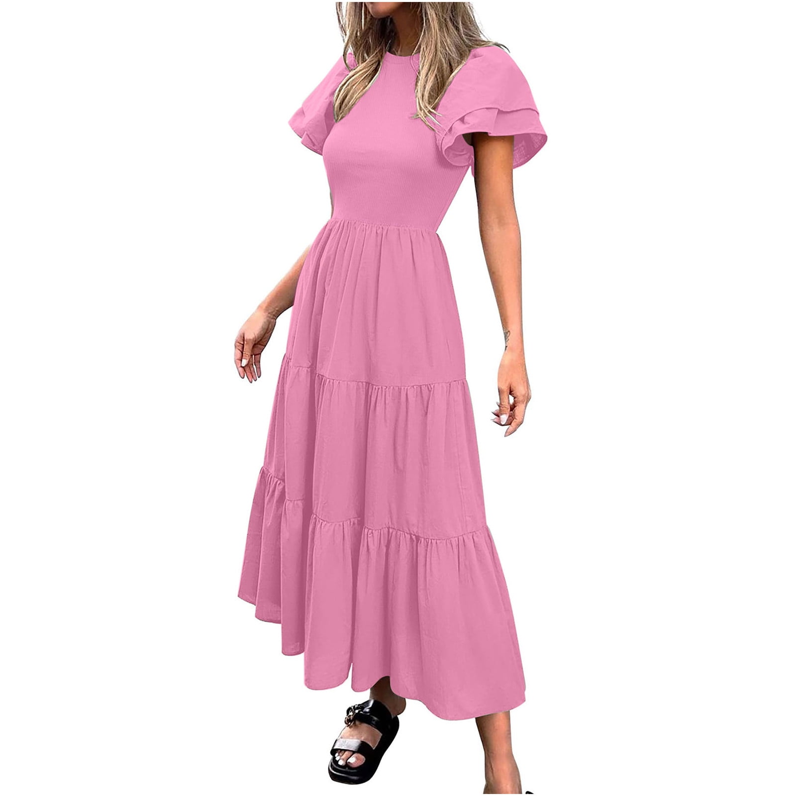 Efsteb Summer Dresses for Women Crew Neck Long Dress Short Sleeve ...