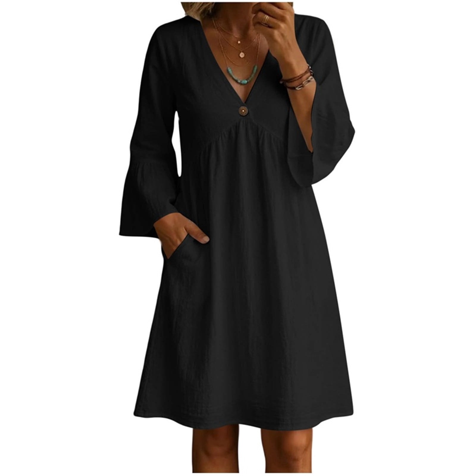 Efsteb Summer Dresses for Women 2026 Pleated V-Neck 3/4 Flounce Sleeve ...