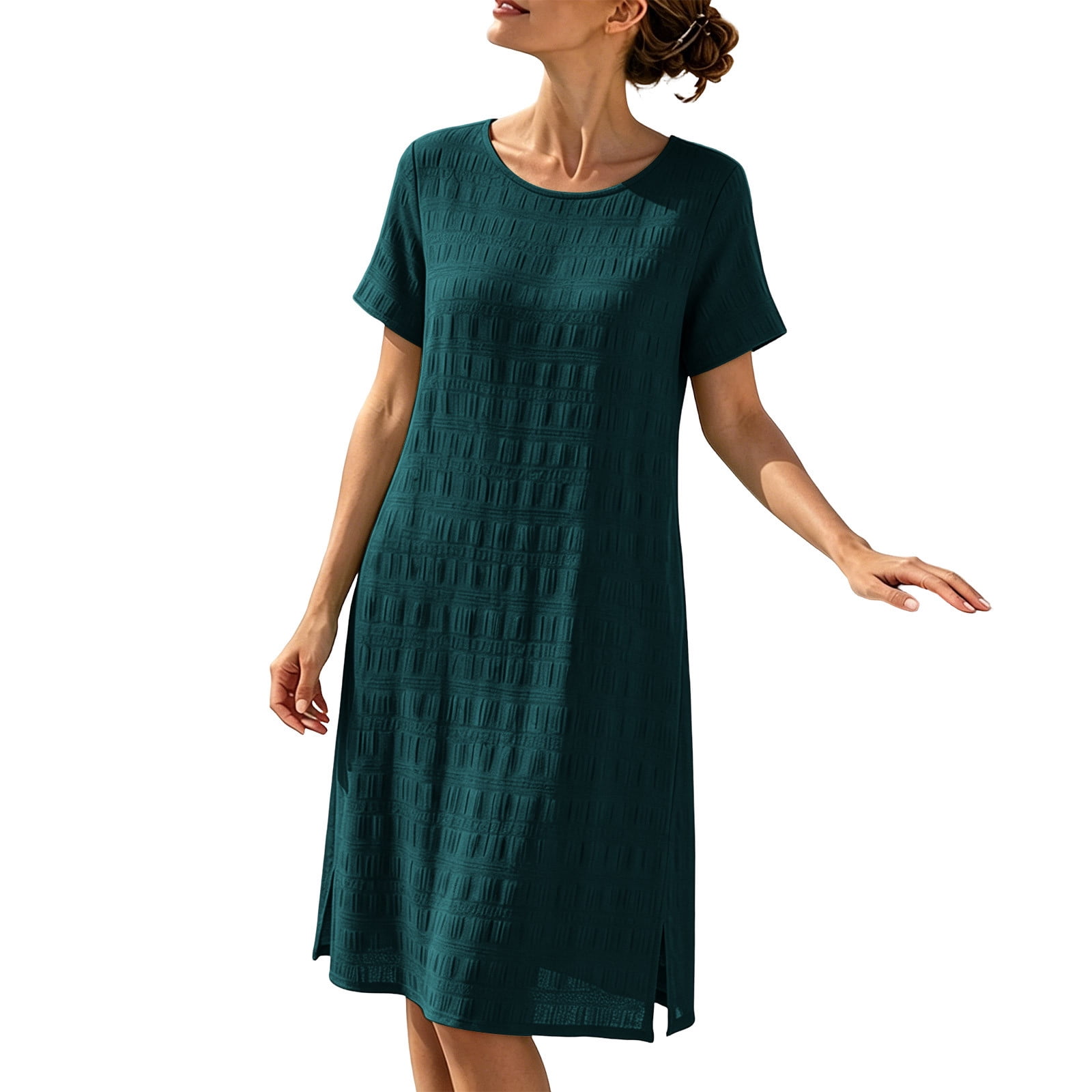 Efsteb Summer Mini Dresses for Women Solid Color Textured Crew Neck ...