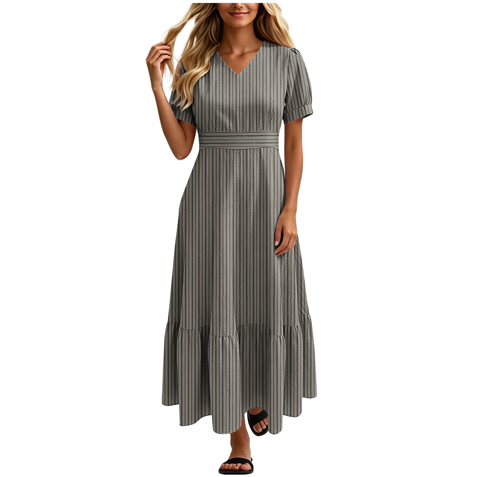 Efsteb Sumner Dresses for Women 2026 Short Sleeve V-Neck Striped Maxi ...
