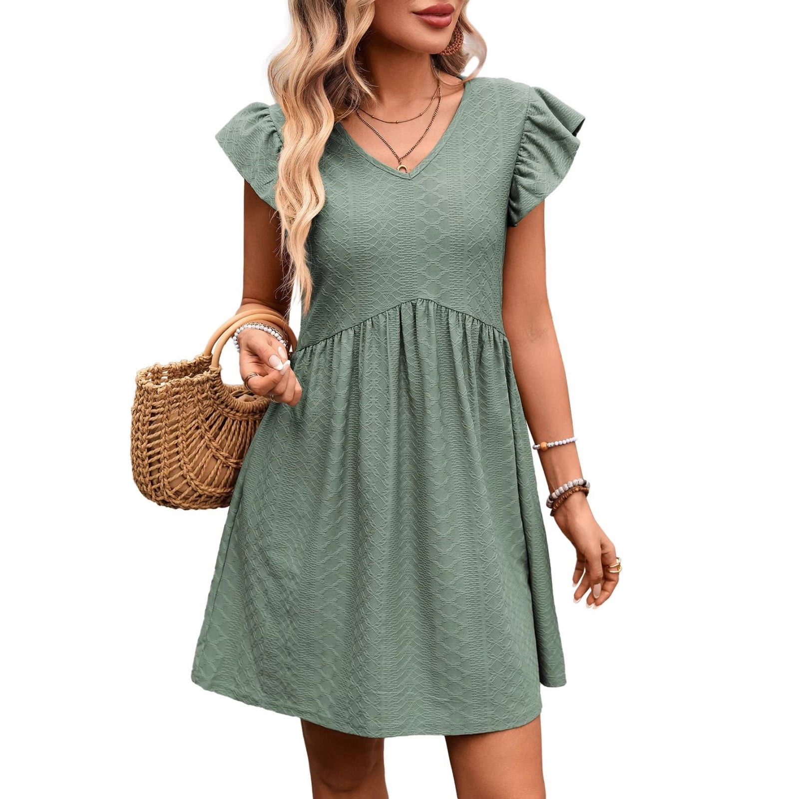 Efsteb Sumner Dresses for Women 2026 V-Neck Ruffle Sleeve Textured Mini ...