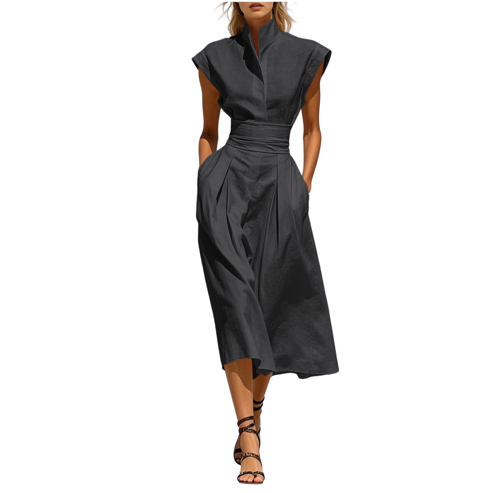 Efsteb Woman Dresses Summer Cap Sleeve Stand Collar Belted Waist Midi ...