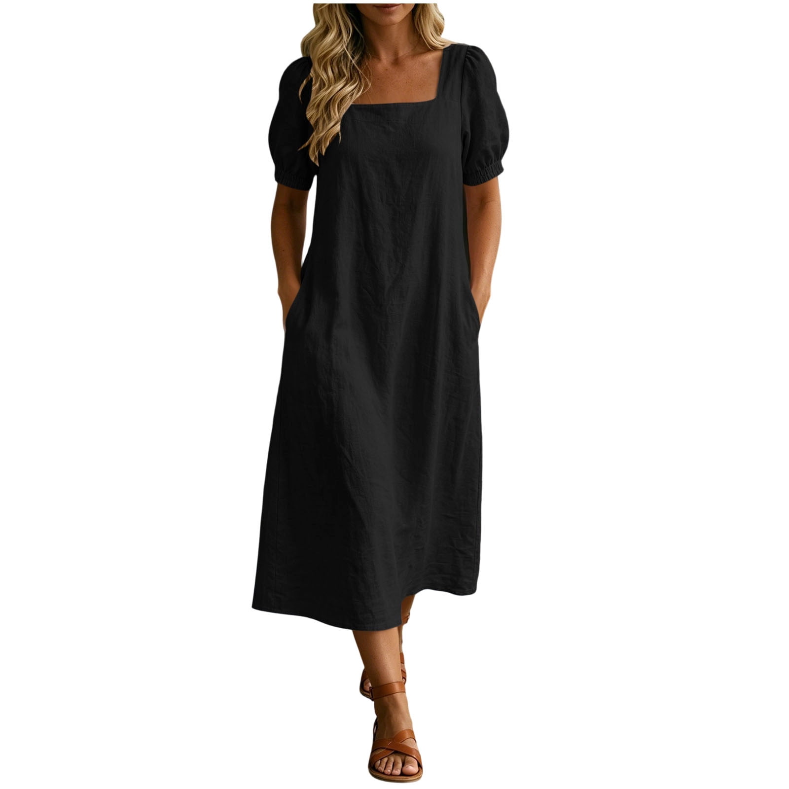 Efsteb Woman Dresses Summer Square Neck Puff Short Sleeve Casual A-Line ...