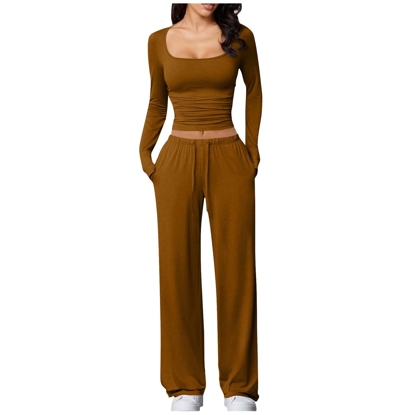 Efsteb Women's 2 Piece Outfits Long Sleeve Square Neck Crop Tops Wide ...