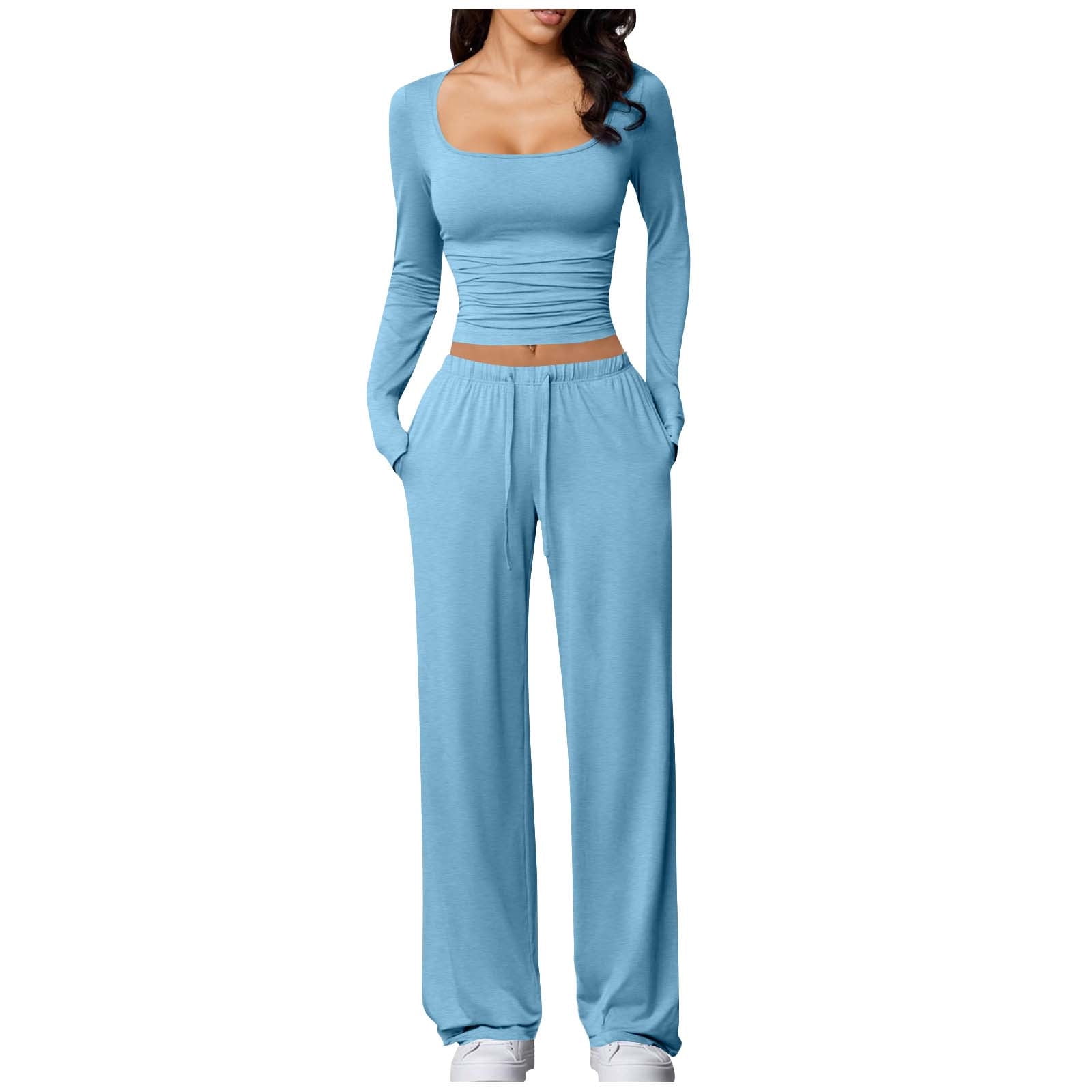 Efsteb Women's 2 Piece Outfits Long Sleeve Square Neck Crop Tops Wide ...