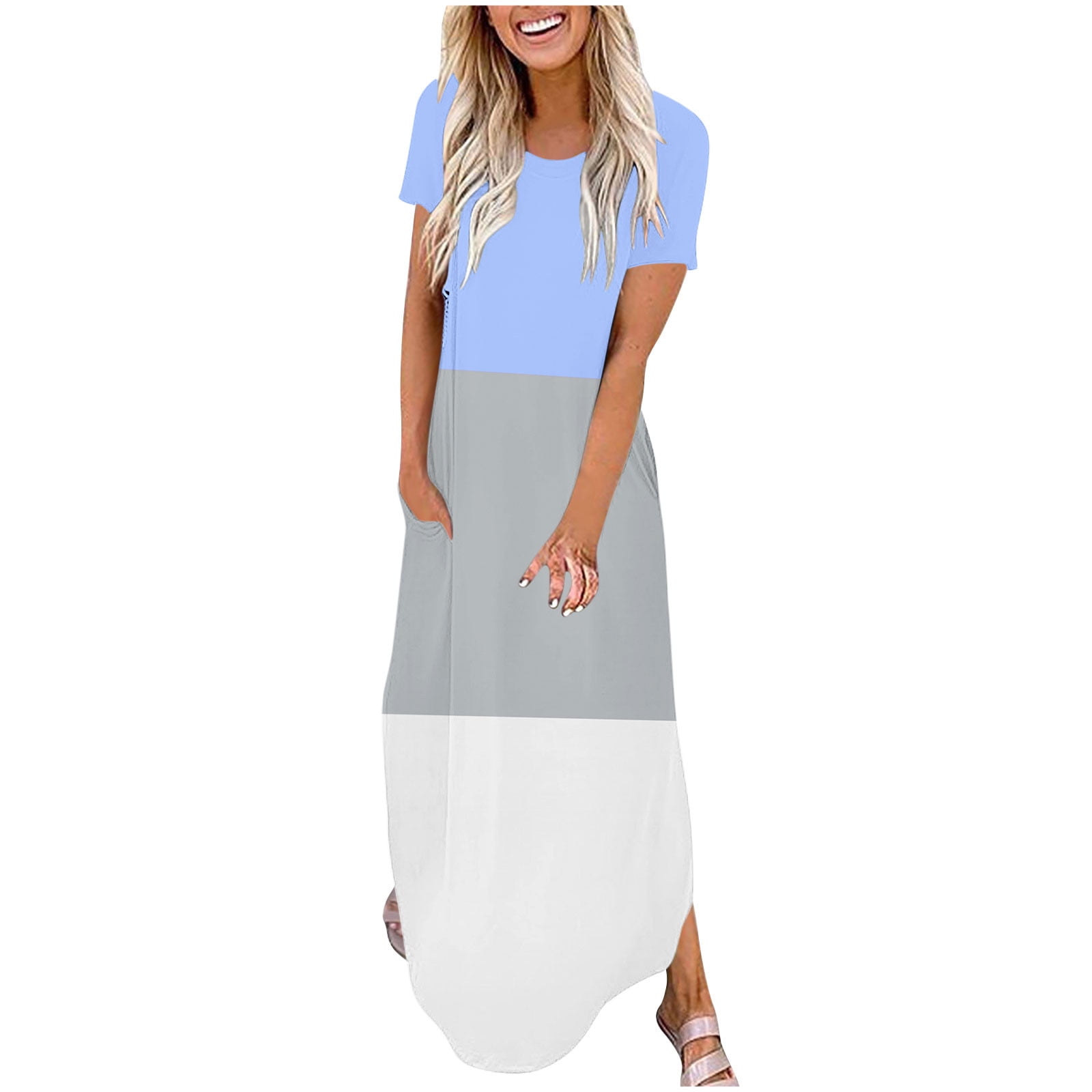 Efsteb Womens Dresses Spring Crew Neck Long Dress Color Block Patchwork ...