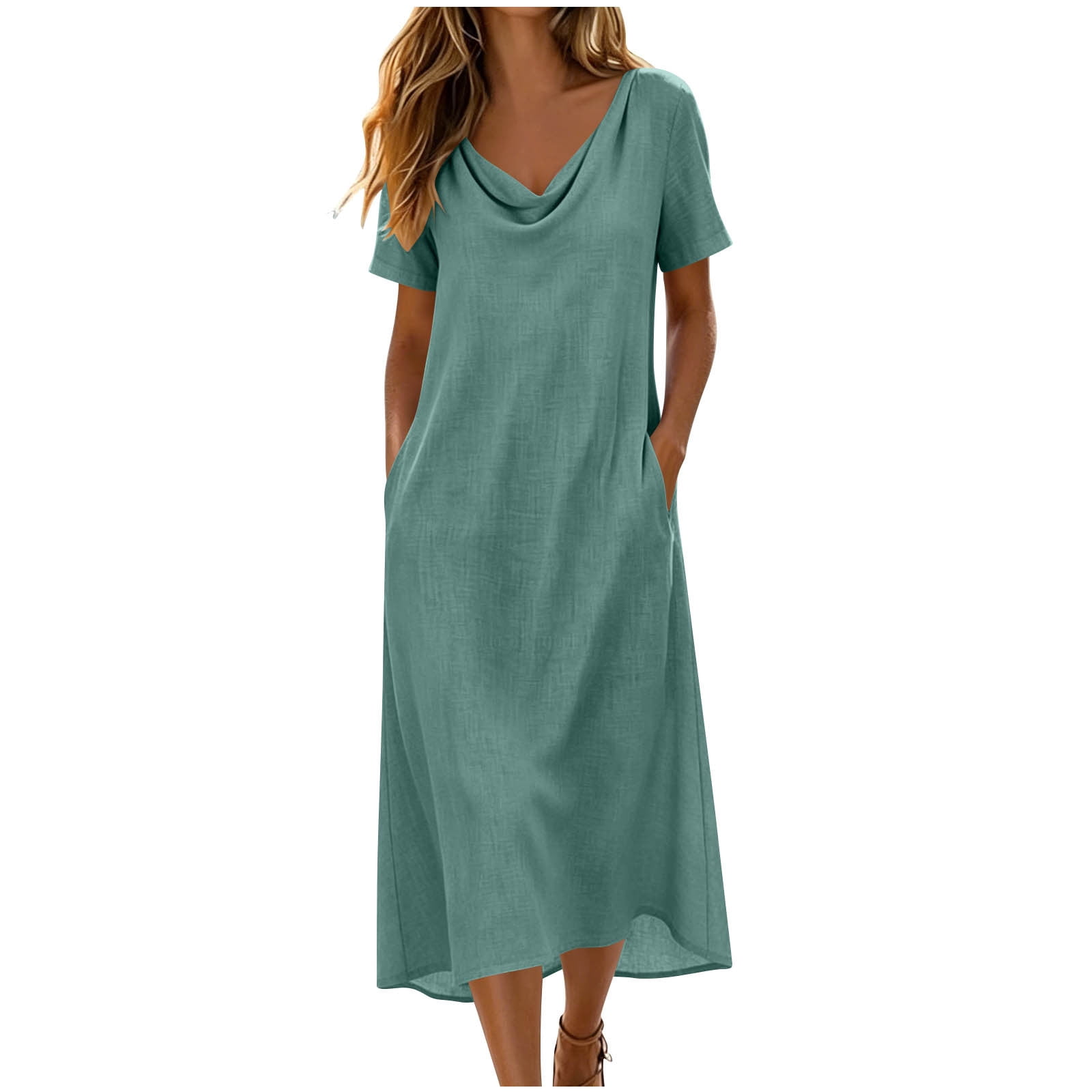 Efsteb Womens Midi Dresses Cowl Neck Short Sleeve Casual A-Line Dress ...