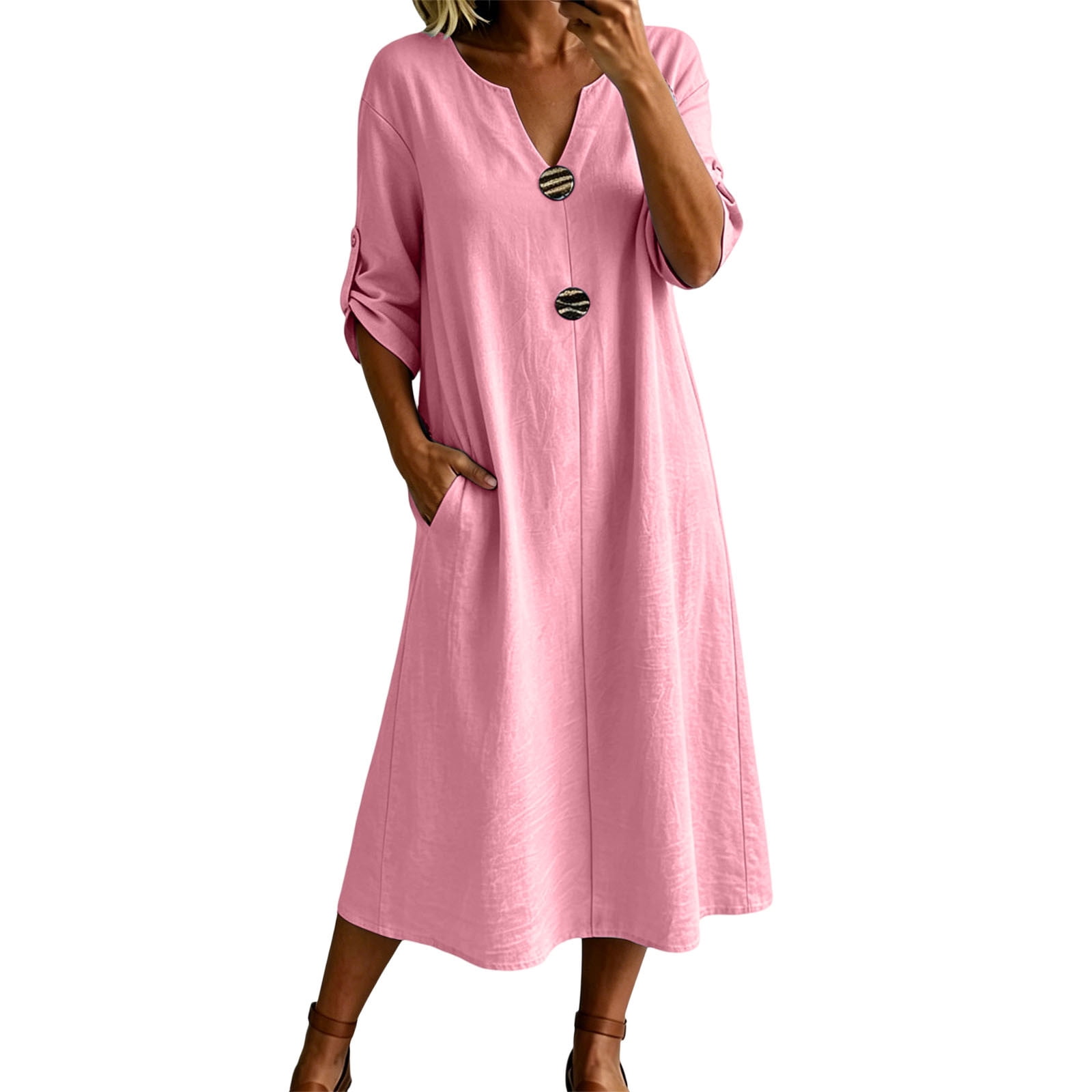 Efsteb Womens Summer Dresses Midi Solid Color Buttons V Neck Roll Up 3/ ...