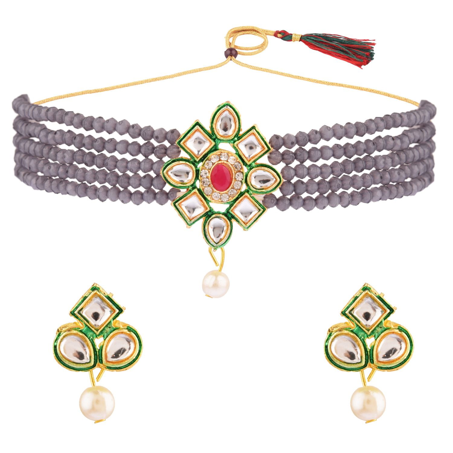 Efulgenz Beaded Choker Kundan Pendant Necklace Set Faux Pearl Grey ...