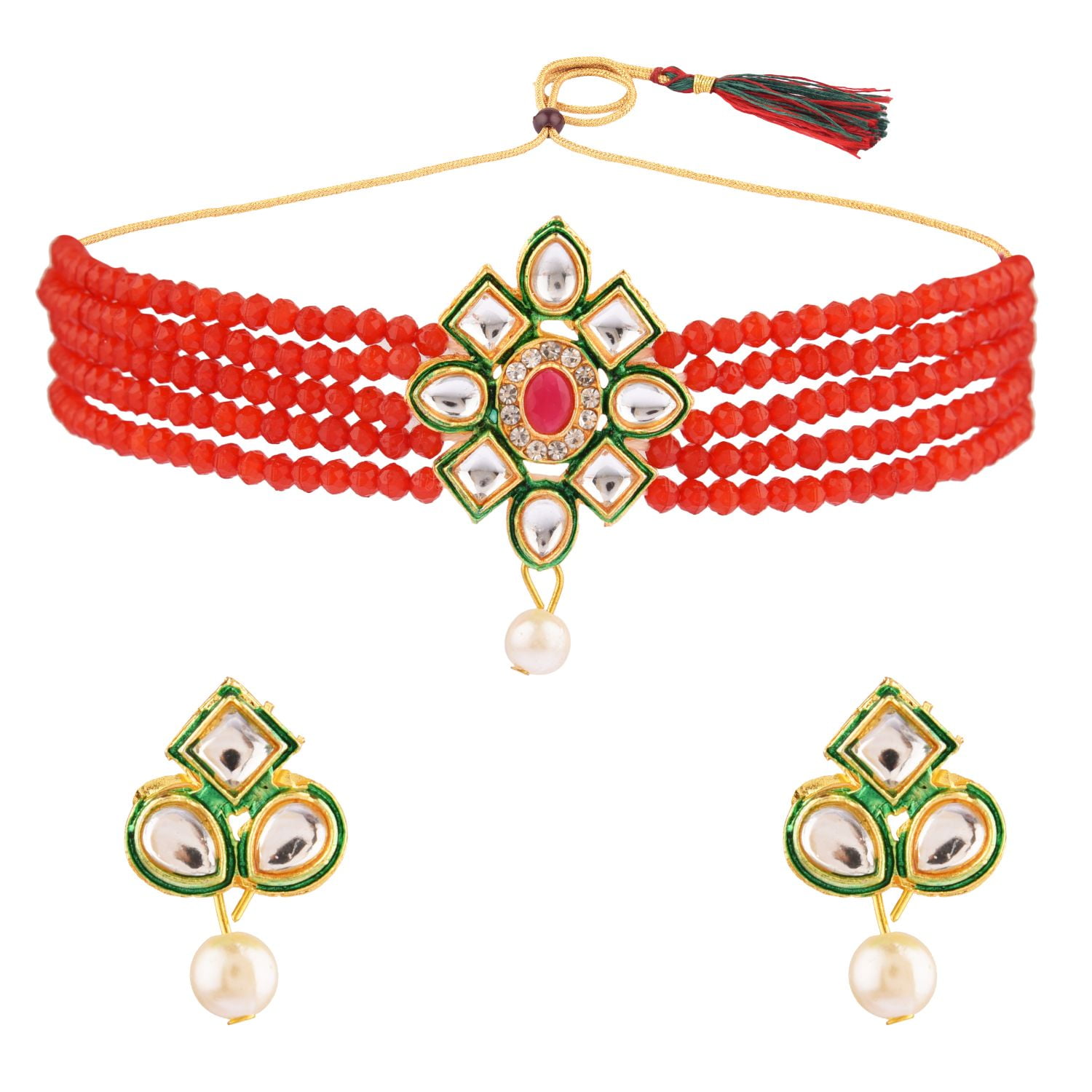 Efulgenz Beaded Choker Kundan Pendant Necklace Set Faux Pearl Red Multi Layered Stranded Indian ...