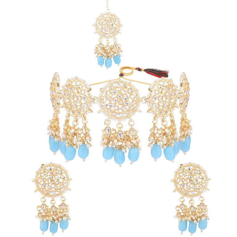 Efulgenz Indian Wedding Jewelry Traditional Kundan Faux Pearl Beads Blue Crystal Choker Necklace Round Earrings with Maang Tikka Bridal Set Bollywood