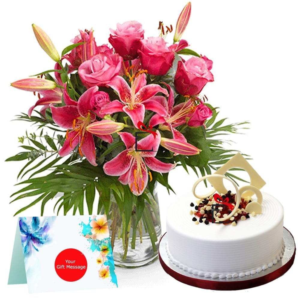 Eg2i 10 Roses and 4 Lilies Bunch With 500gm Vanilla Cream Cake for ...