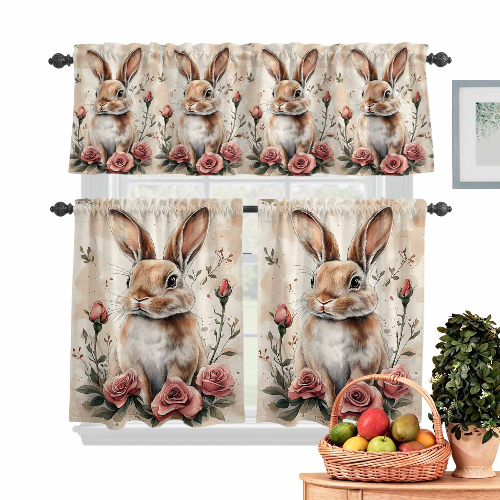 Egg Bunny Kitchen Curtains Valances 3 Piece Set, Retro Rose Rod Pocket ...