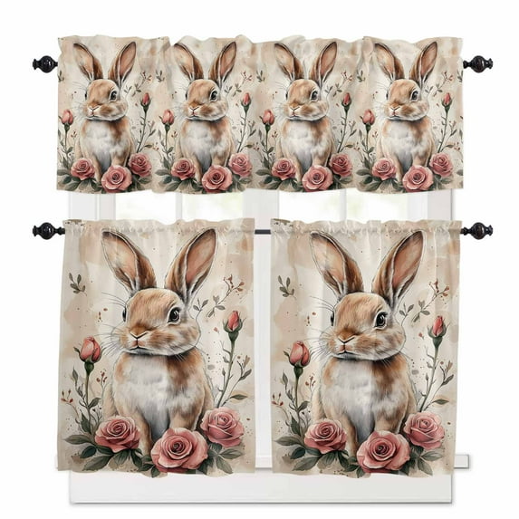 Egg Bunny Kitchen Curtains Valances and Tiers Set of 3 Retro Rose Tier ...