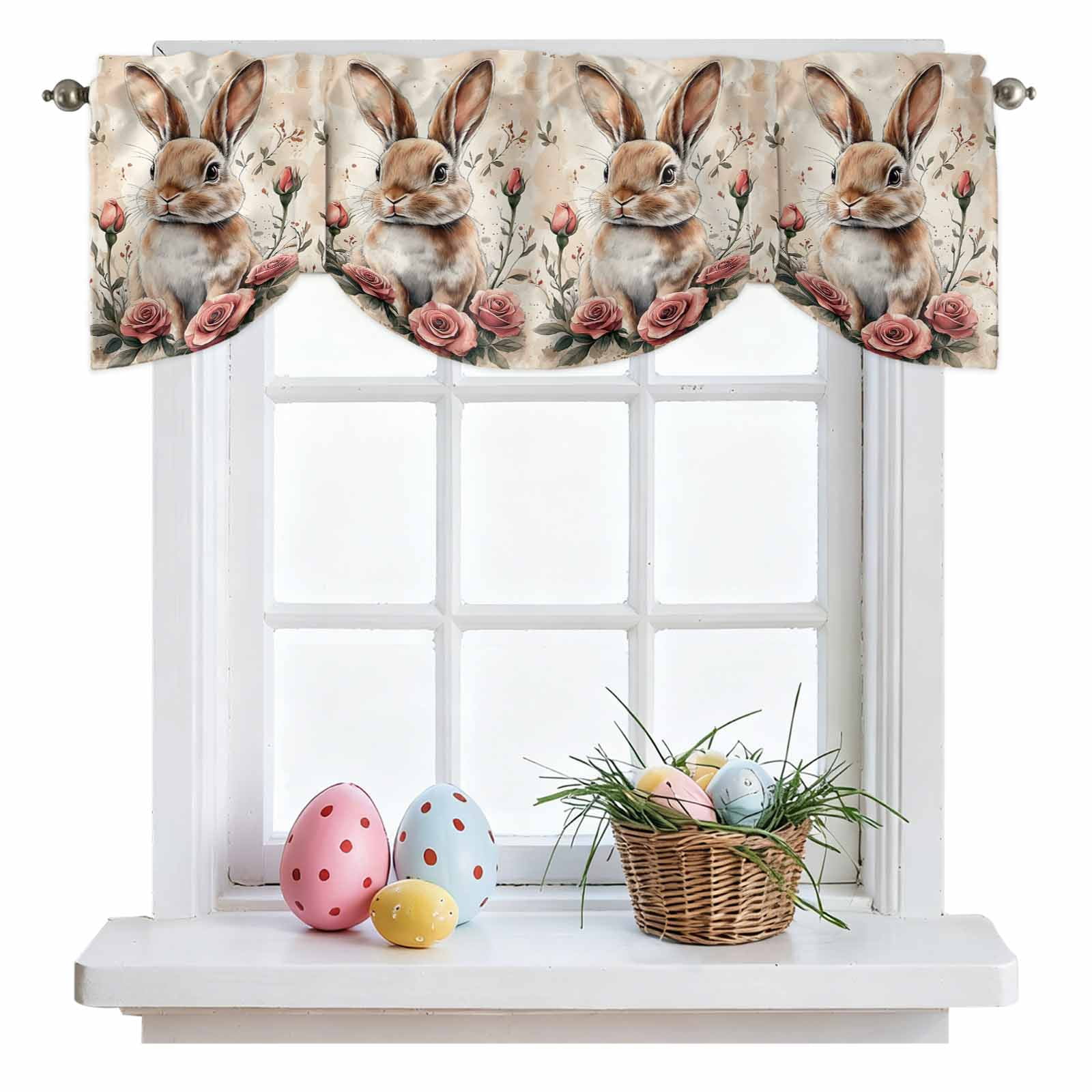 Egg Bunny Tie Up Valances Curtain, Retro Rose Adjustable Rod Pocket ...