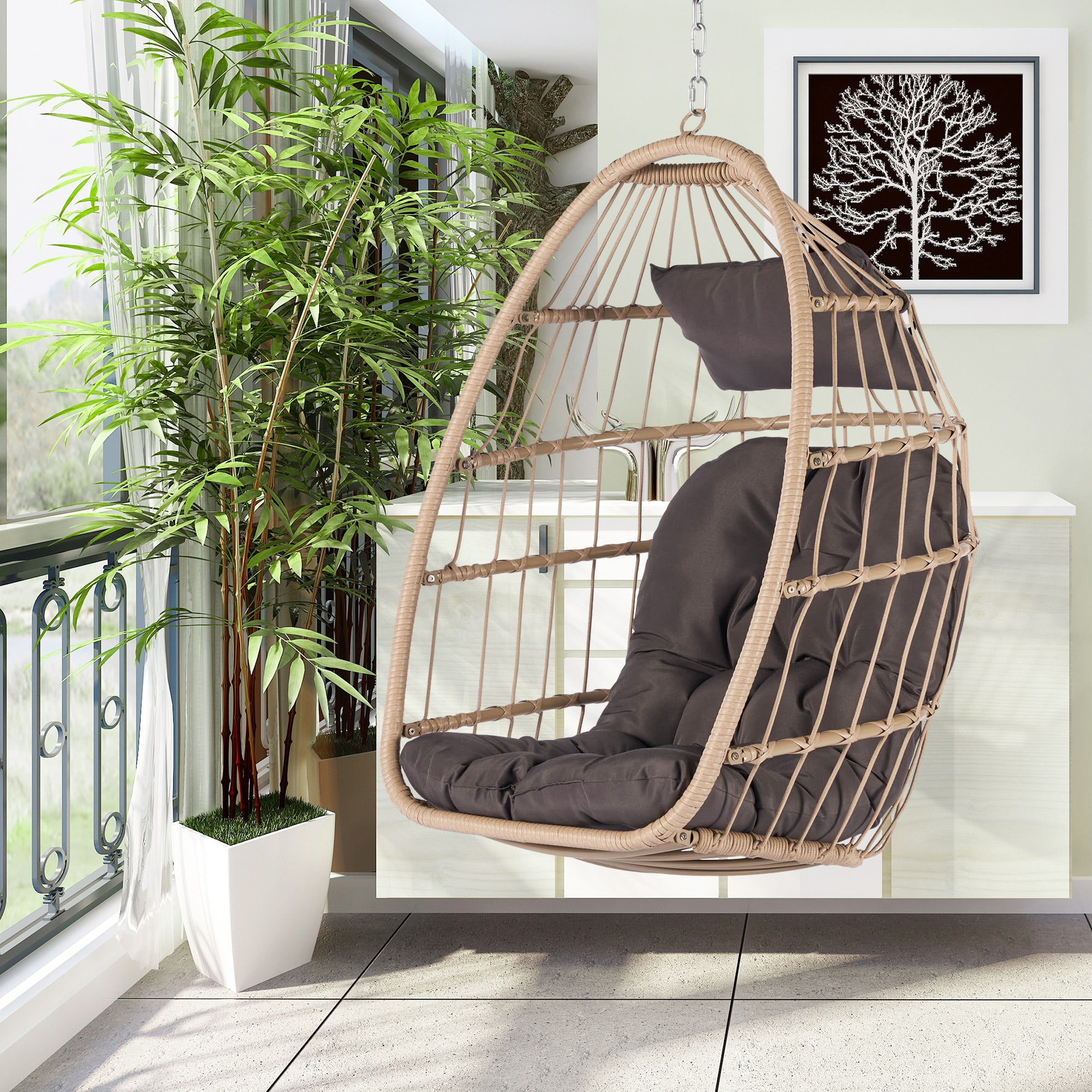 Egg Chair with Hanging Chains, SYNGAR Outdoor All Weather Wicker ...