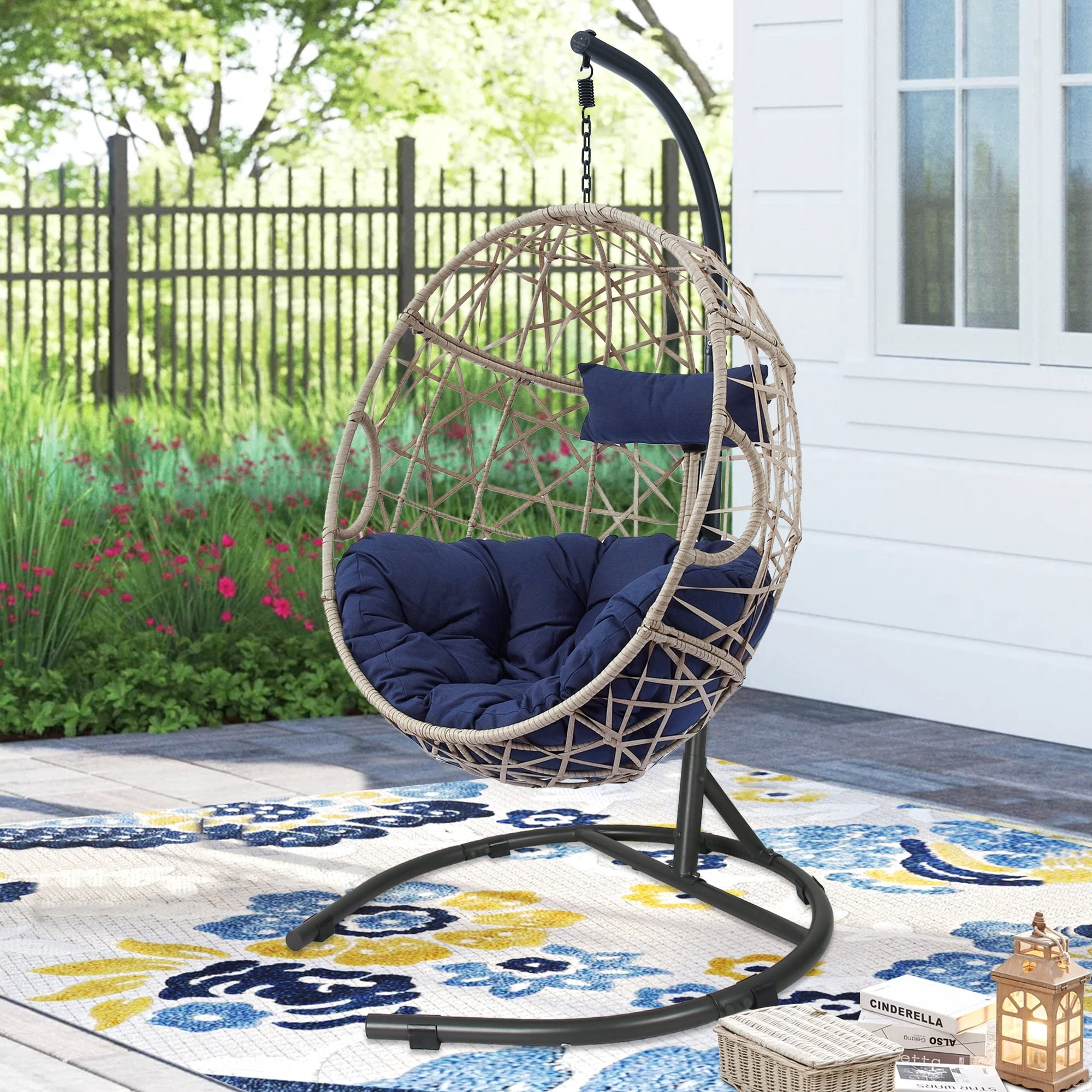 Egg Chair Hanging Swing Chair with Cushion and Stand Navy - Walmart.com