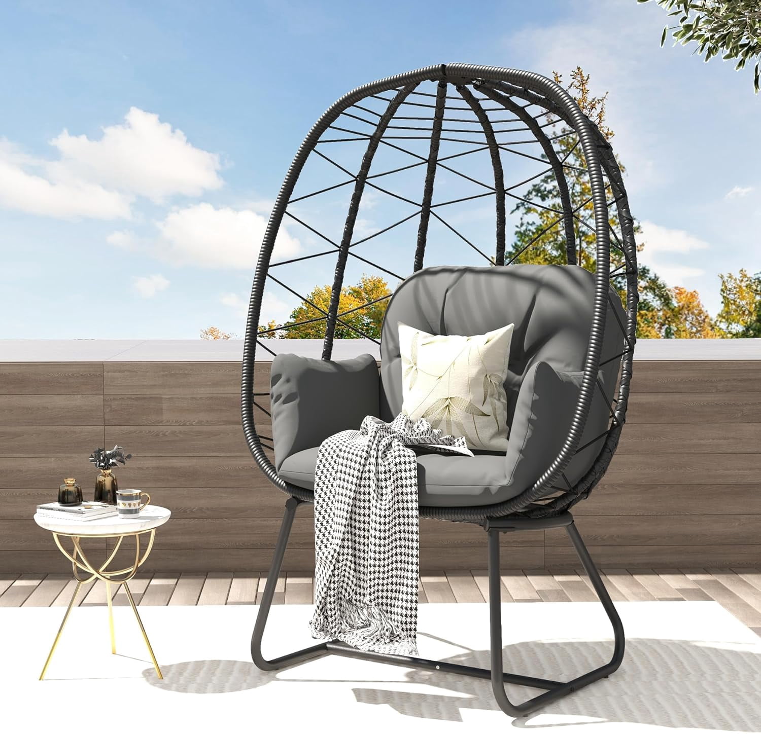 Egg Chair Patio Rattan Chair with Stand Anti-Slip All-Weather Poratble ...