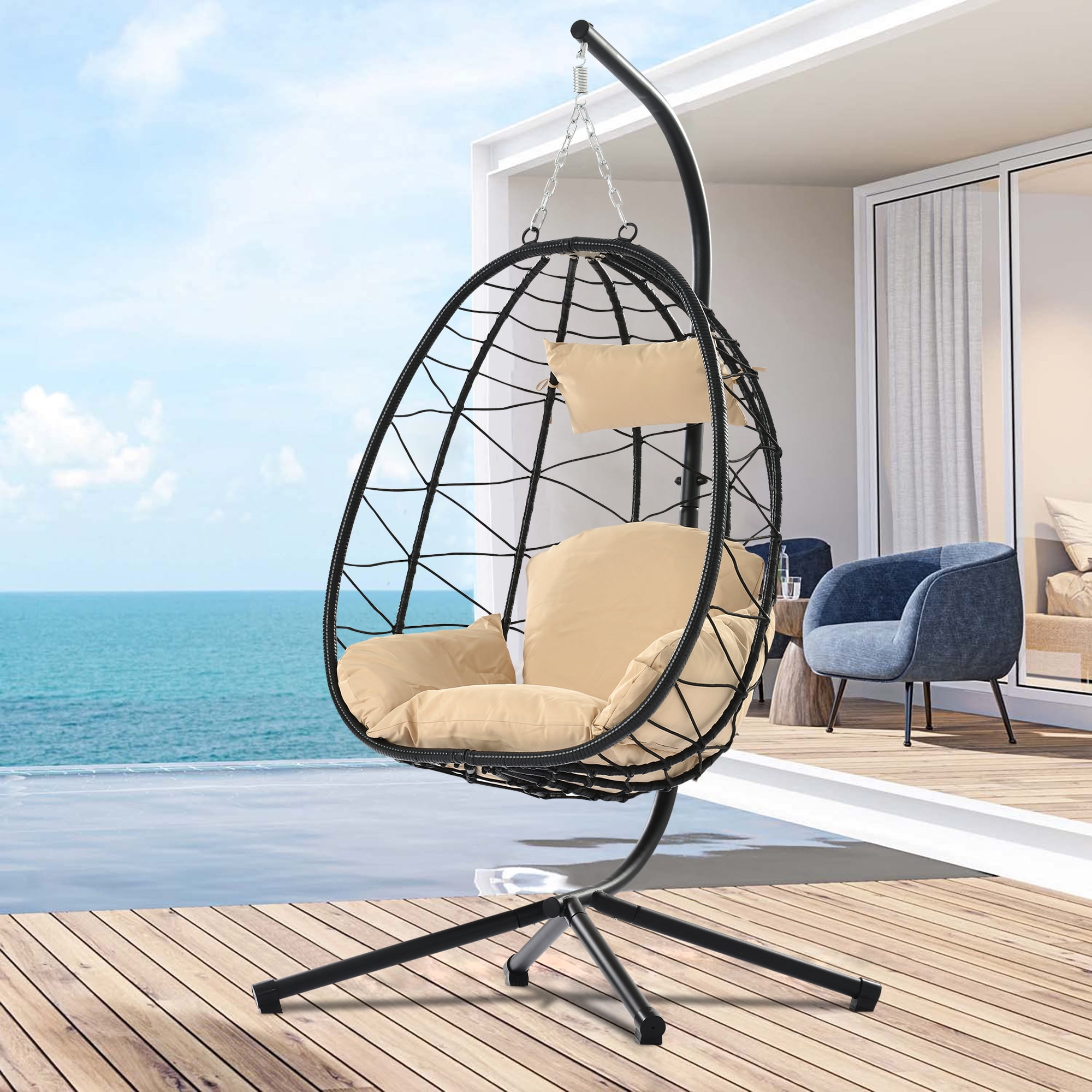 SYNGAR Rattan Woven Egg Chair, Swing with Stand, Outdoor PE Wicker, 300 ...