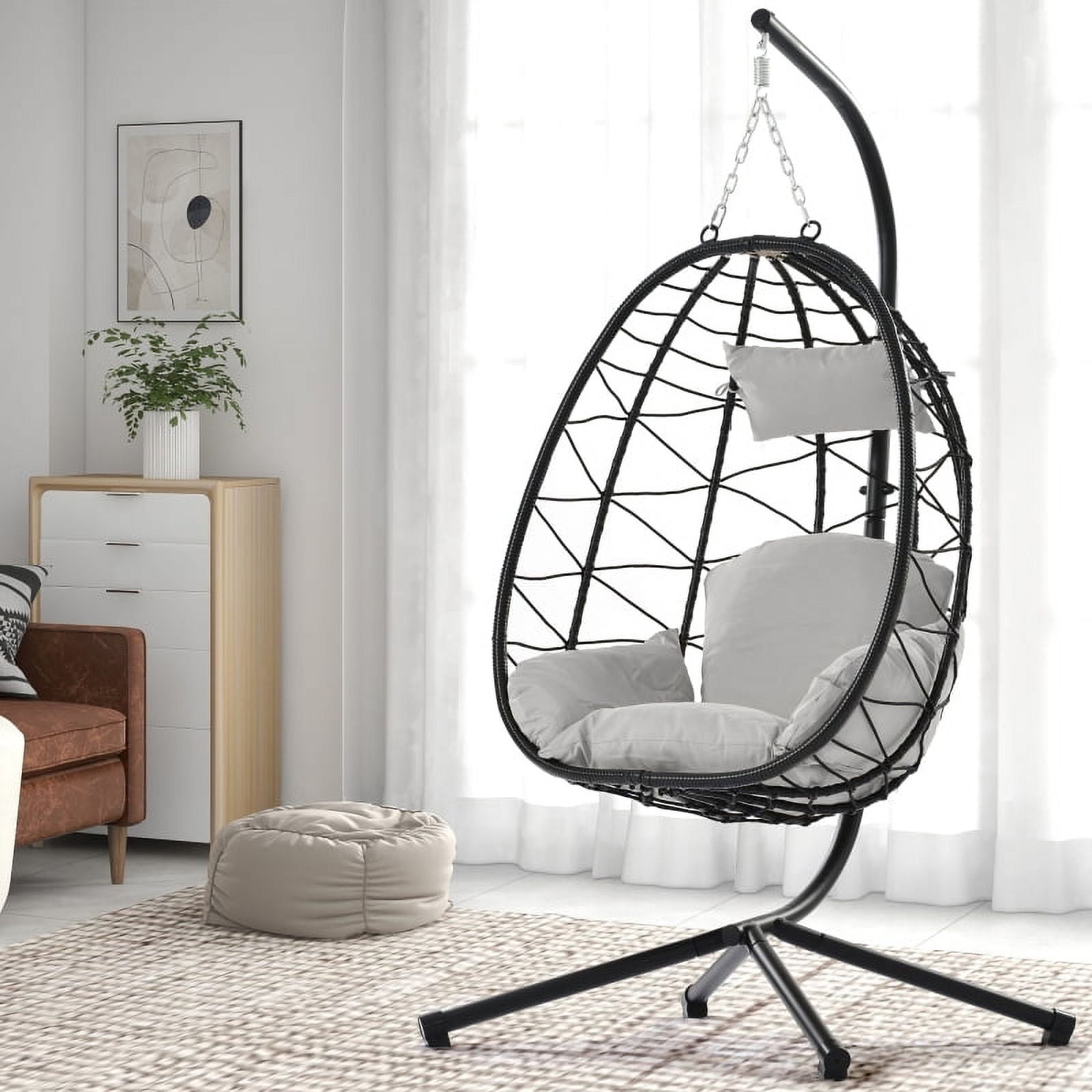 Egg Chair with Stand Indoor Outdoor Swing Chair Patio Wicker Hanging ...
