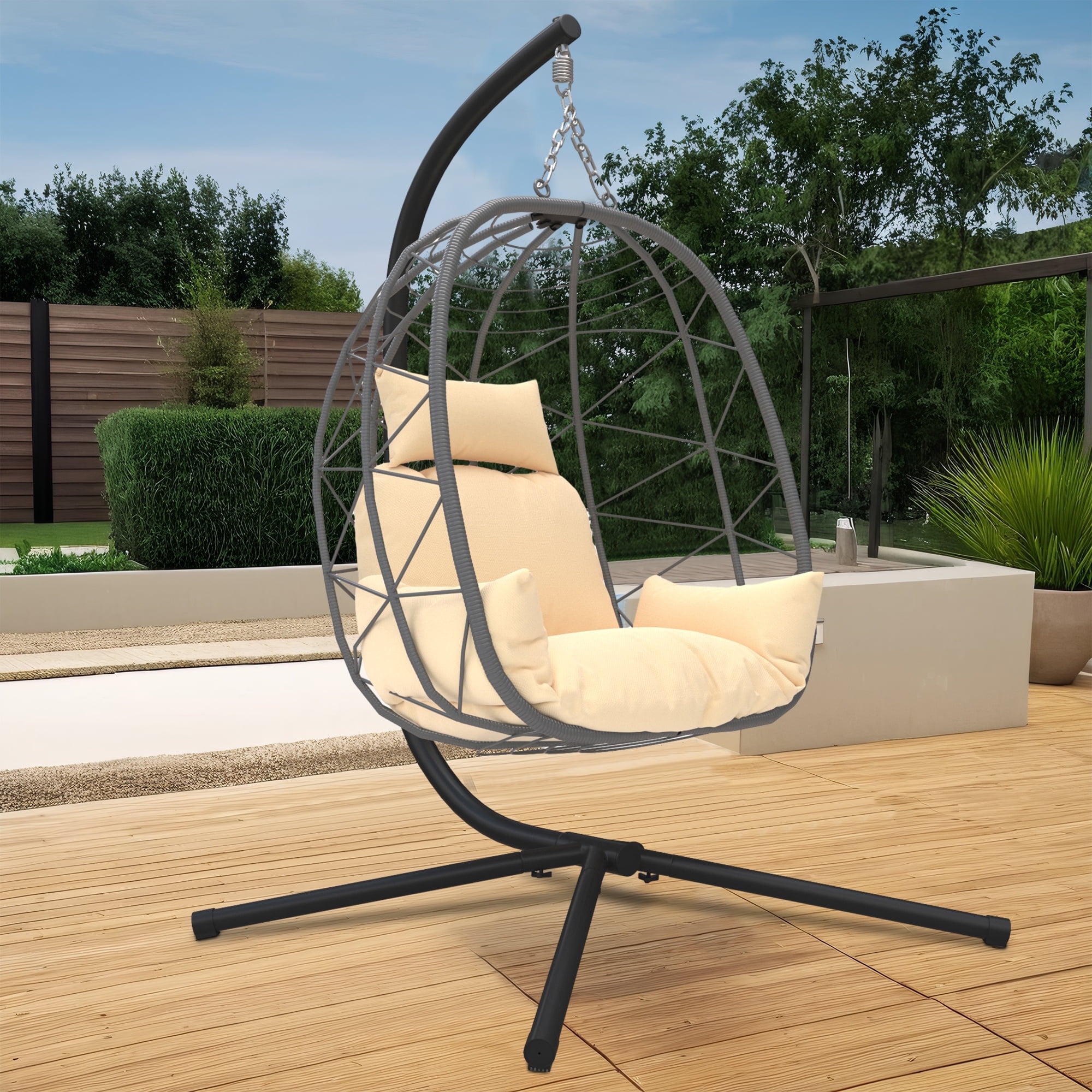 JA2440 UV-Resistant Wicker Egg Chair with Stand, Indoor/Outdoor Patio ...