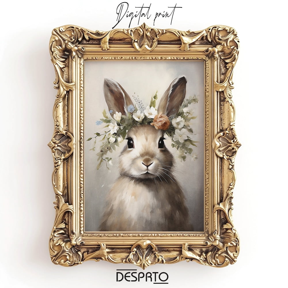 Egg Day Rabbit Bunny In Flower Crown Print, Rustic Hare Cottagecore ...