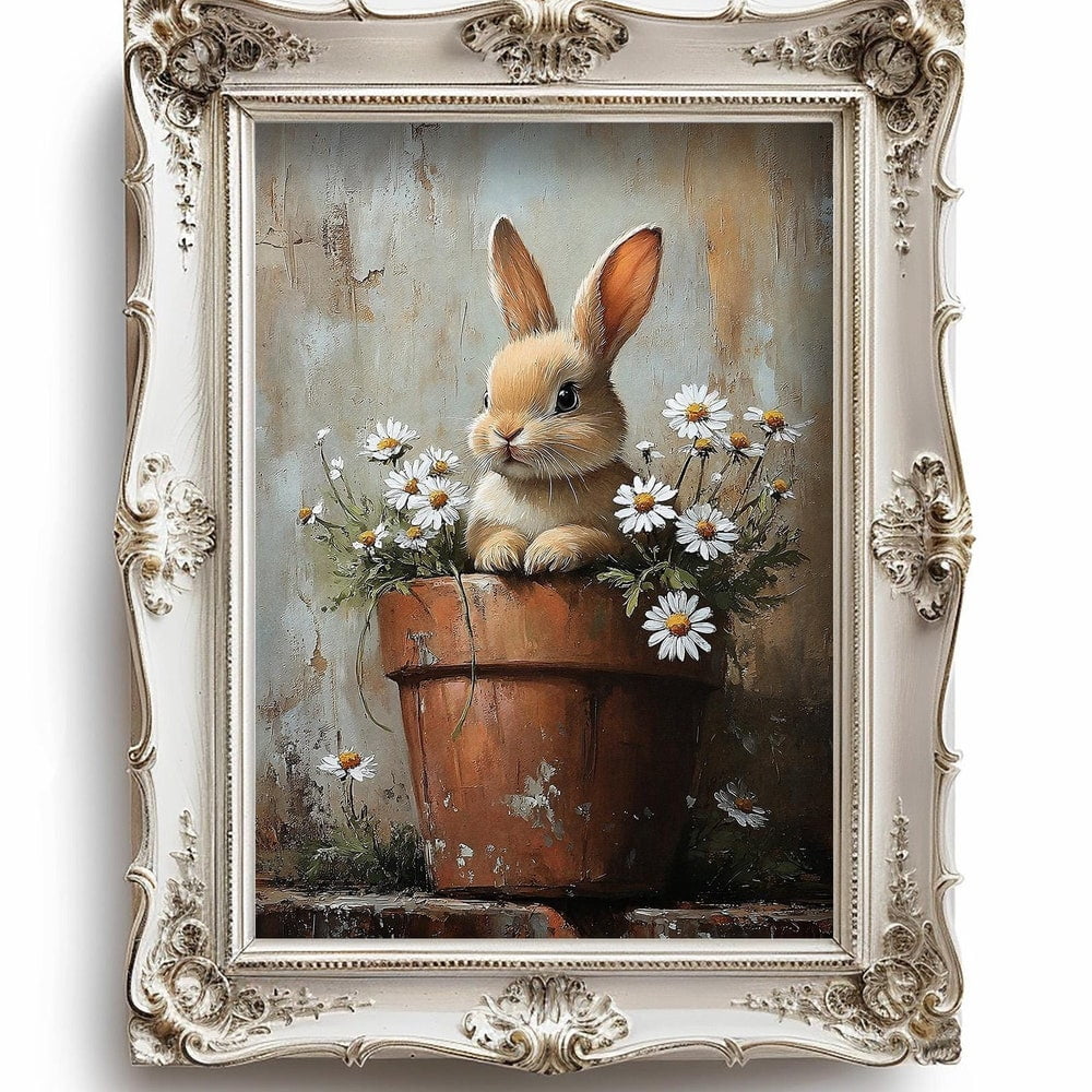 Egg Day Rabbit Bunny In Flower Pot Print, Rustic Bunny Cottagecore ...
