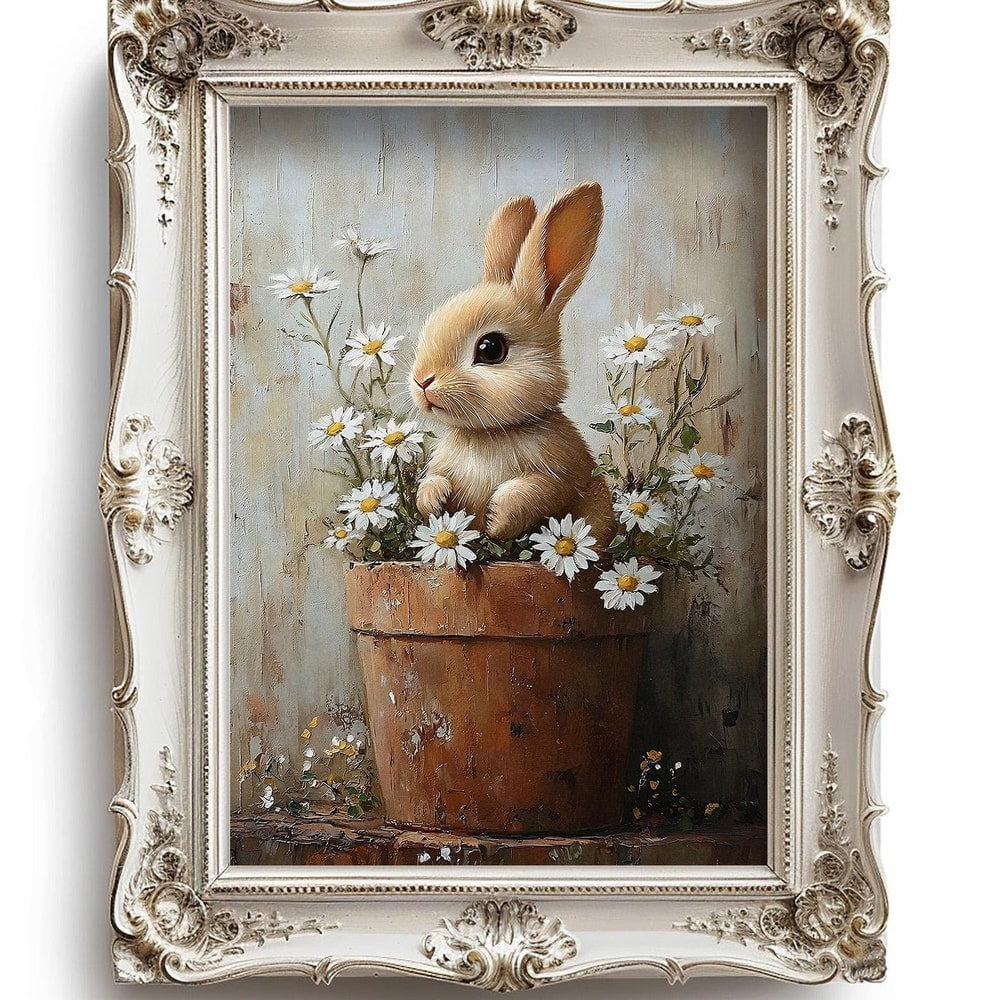 Egg Day Rabbit Bunny In Flower Pot Print, Rustic Bunny Cottagecore ...